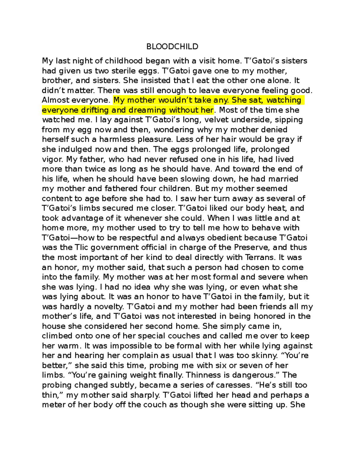 Bloodchild annotate - assignment - BLOODCHILD My last night of ...