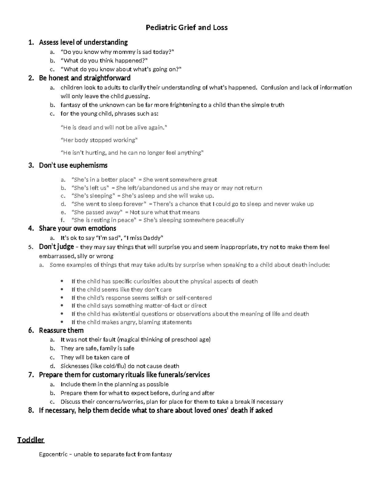 Pediatric Grief and Loss points - Pediatric Grief and Loss 1. Assess ...