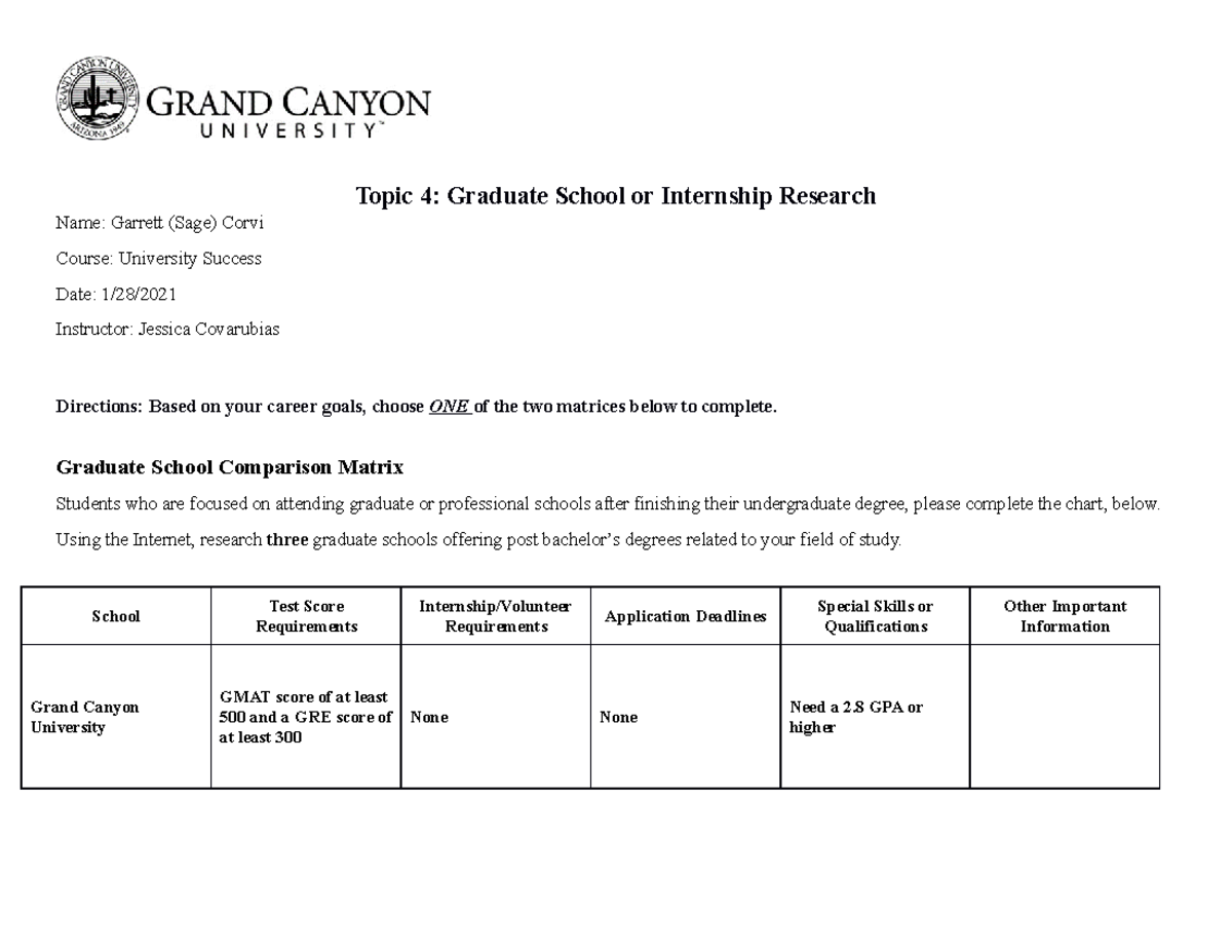 Graduate School or Internship-Worksheet - Topic 4: Graduate School or ...