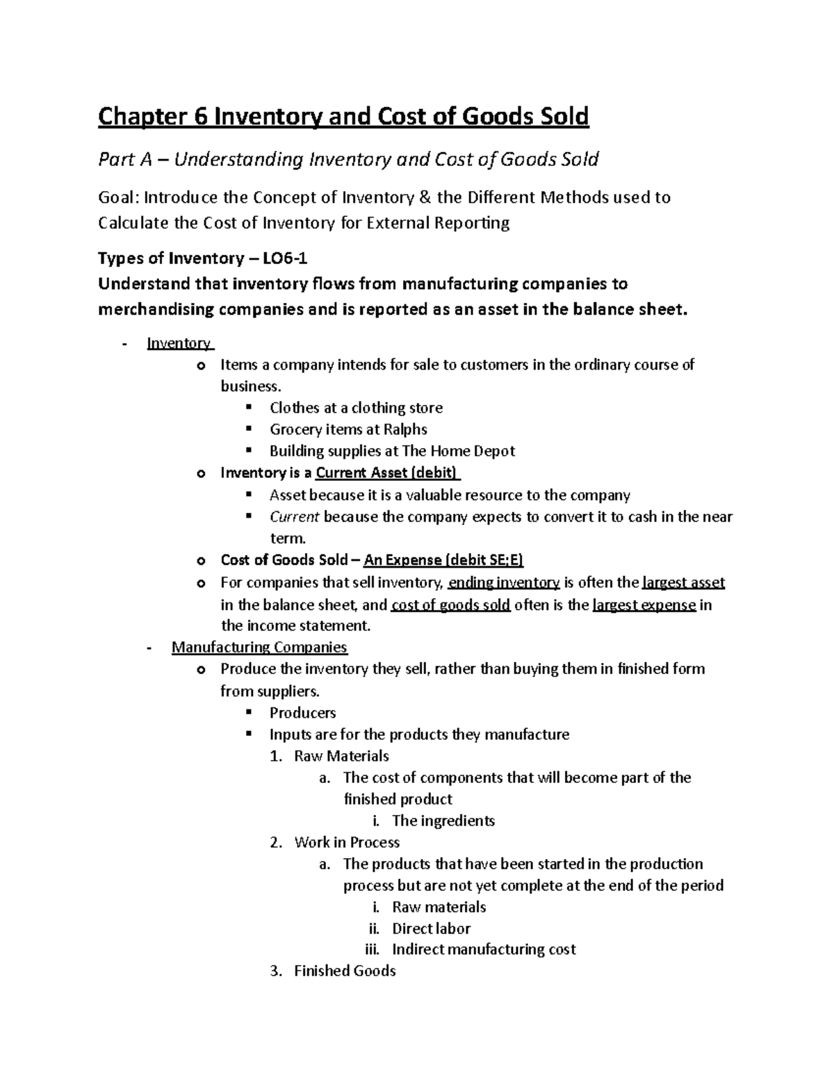 Chapter 6 Inventory and Cost of Goods Sold - Inventory o Items a ...