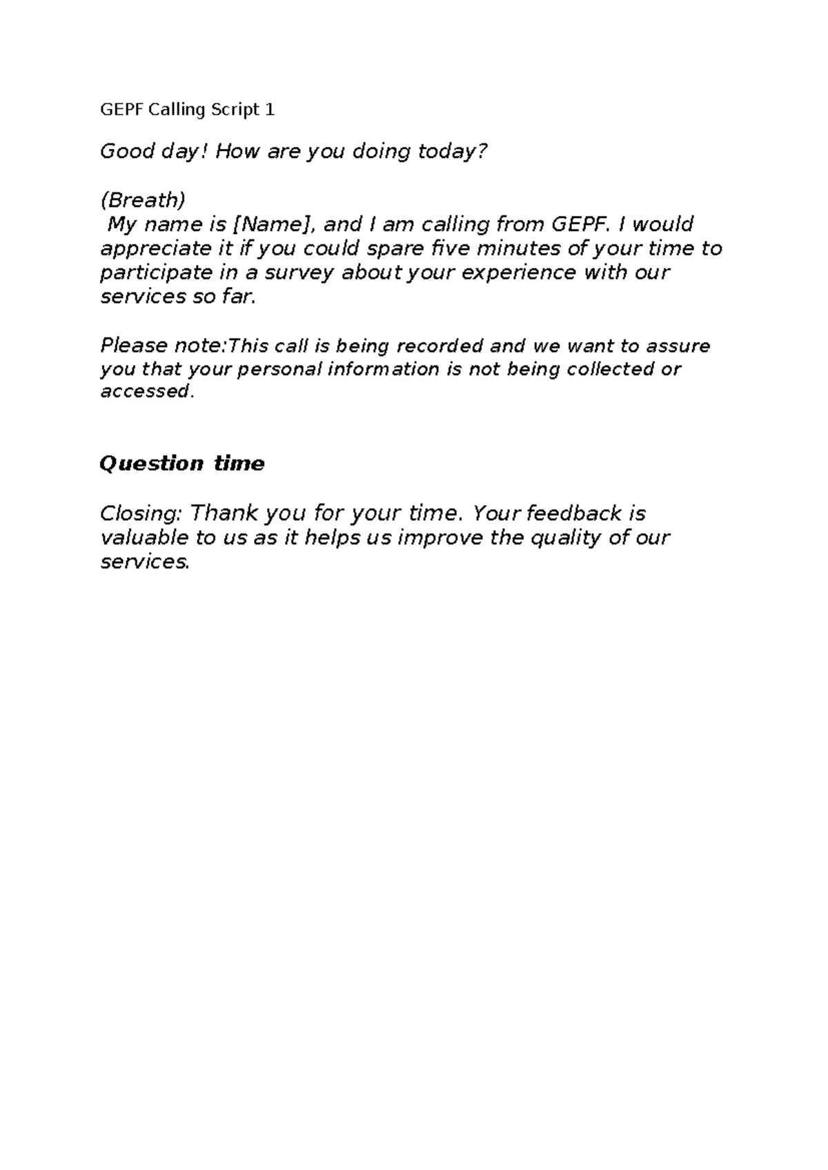 GPEF Calling Script v2 - GEPF Calling Script 1 Good day! How are you ...