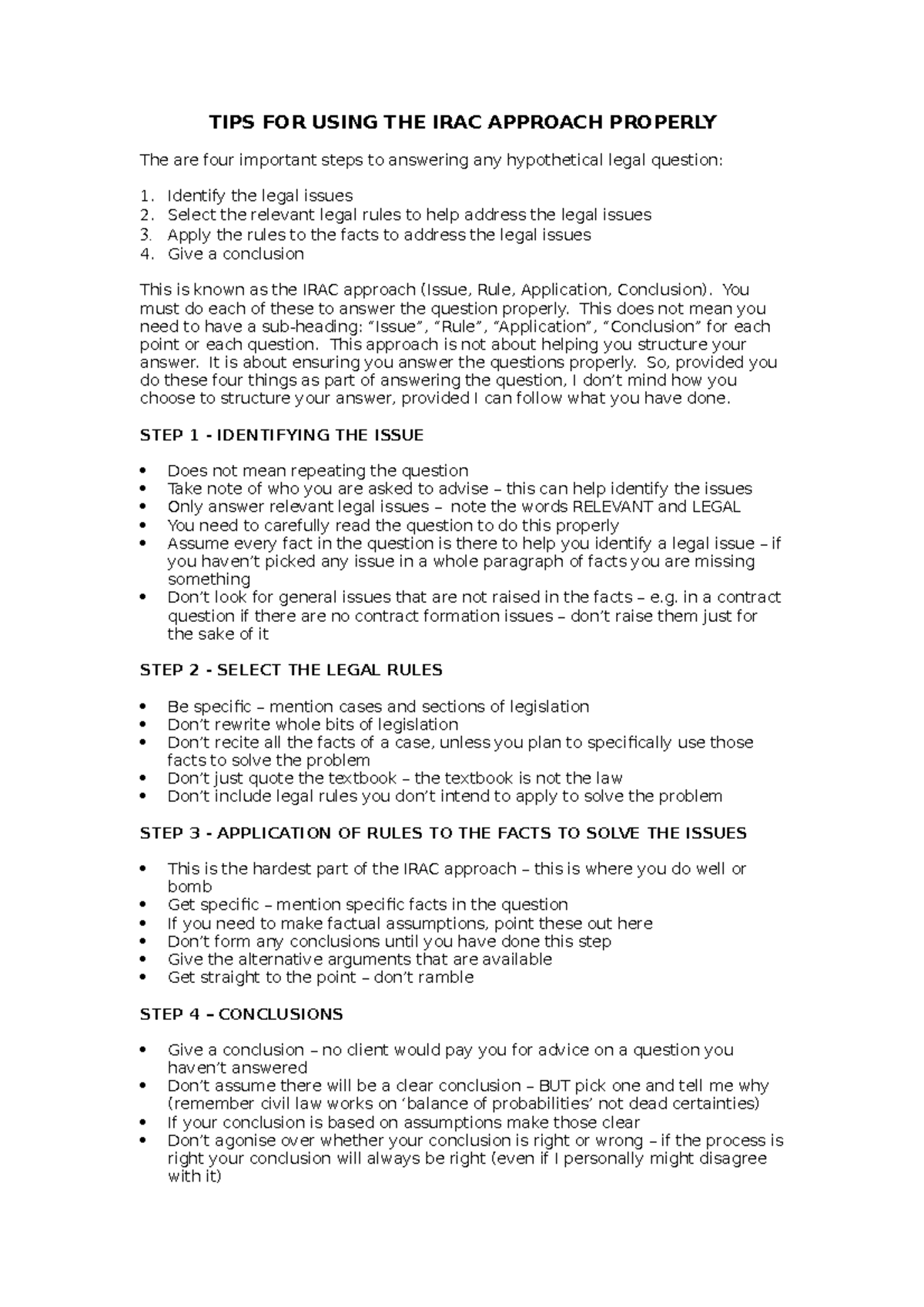 IRAC Approach Handout - Lecture notes 1-10 - TIPS FOR USING THE IRAC ...