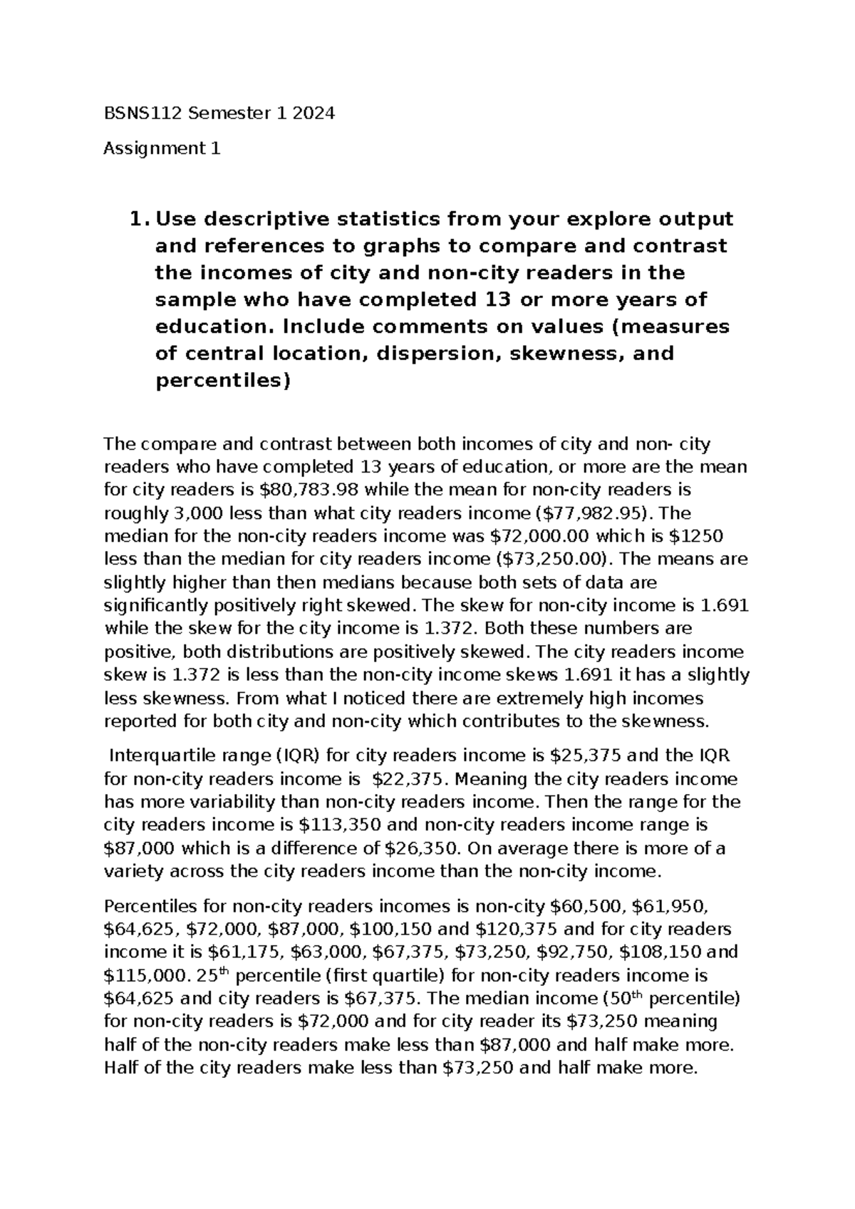 BSNS112 assignment 1 : 2024 - BSNS112 Semester 1 2024 Assignment 1 1. Use descriptive statistics ...