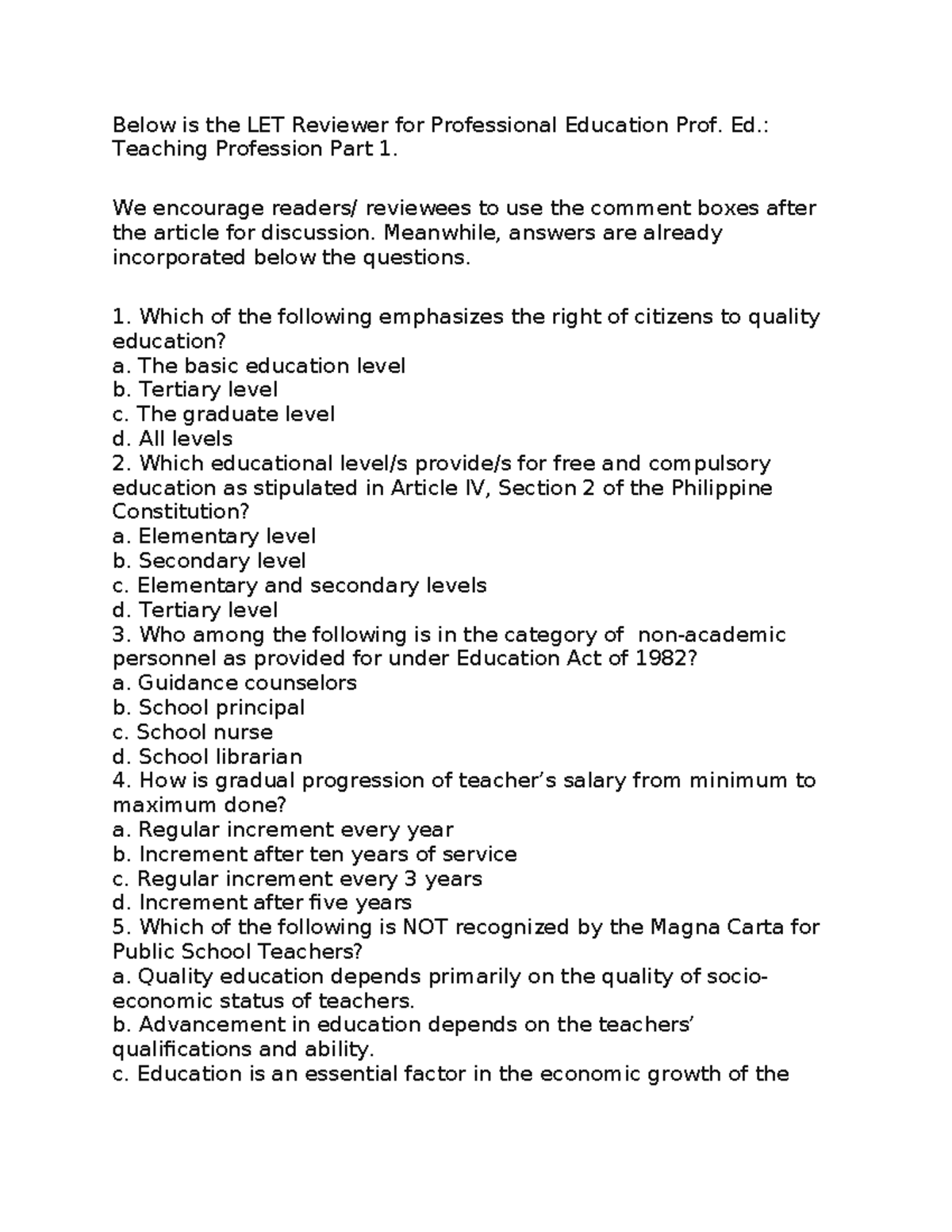 Cbe 2 additional reviewer - Below is the LET Reviewer for Professional ...