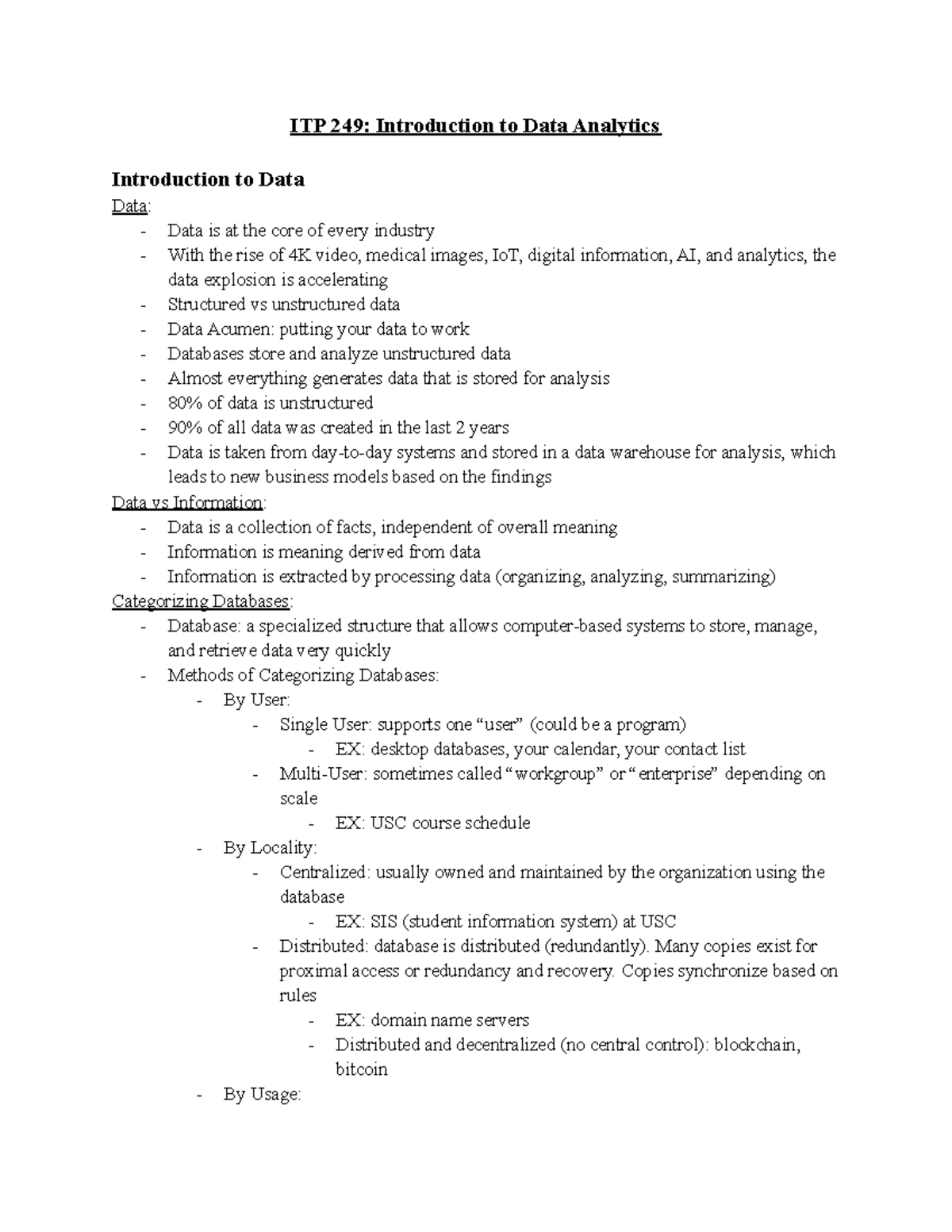 ITP 249 Notes - ITP 249: Introduction to Data Analytics Introduction to ...