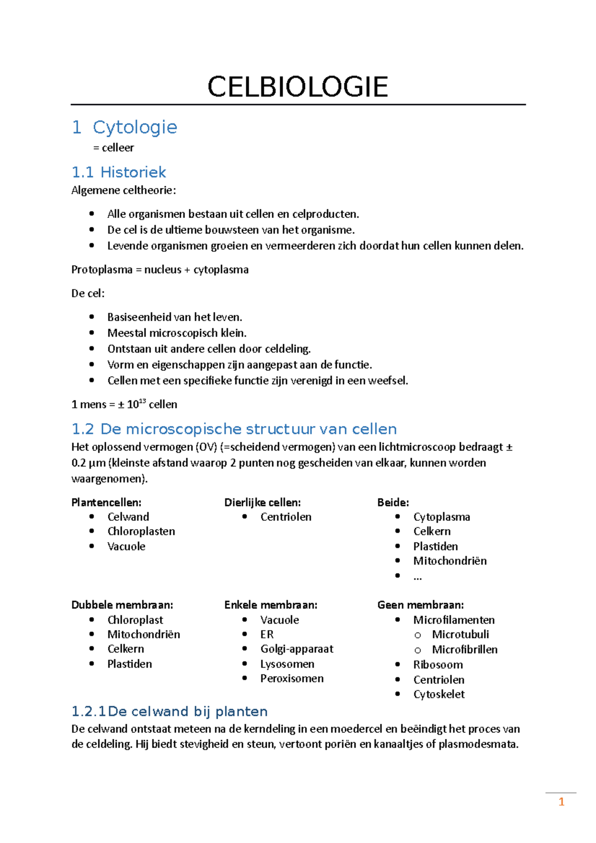 Celbiologie Hoofdstuk 1 Celbiologie 1 Cytologie Celleer 1