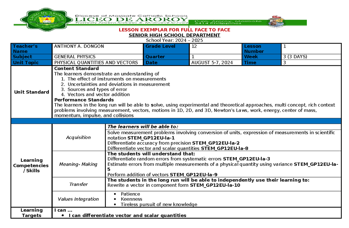 General Physics Lesson Exemplar - LESSON EXEMPLAR FOR FULL FACE TO FACE ...