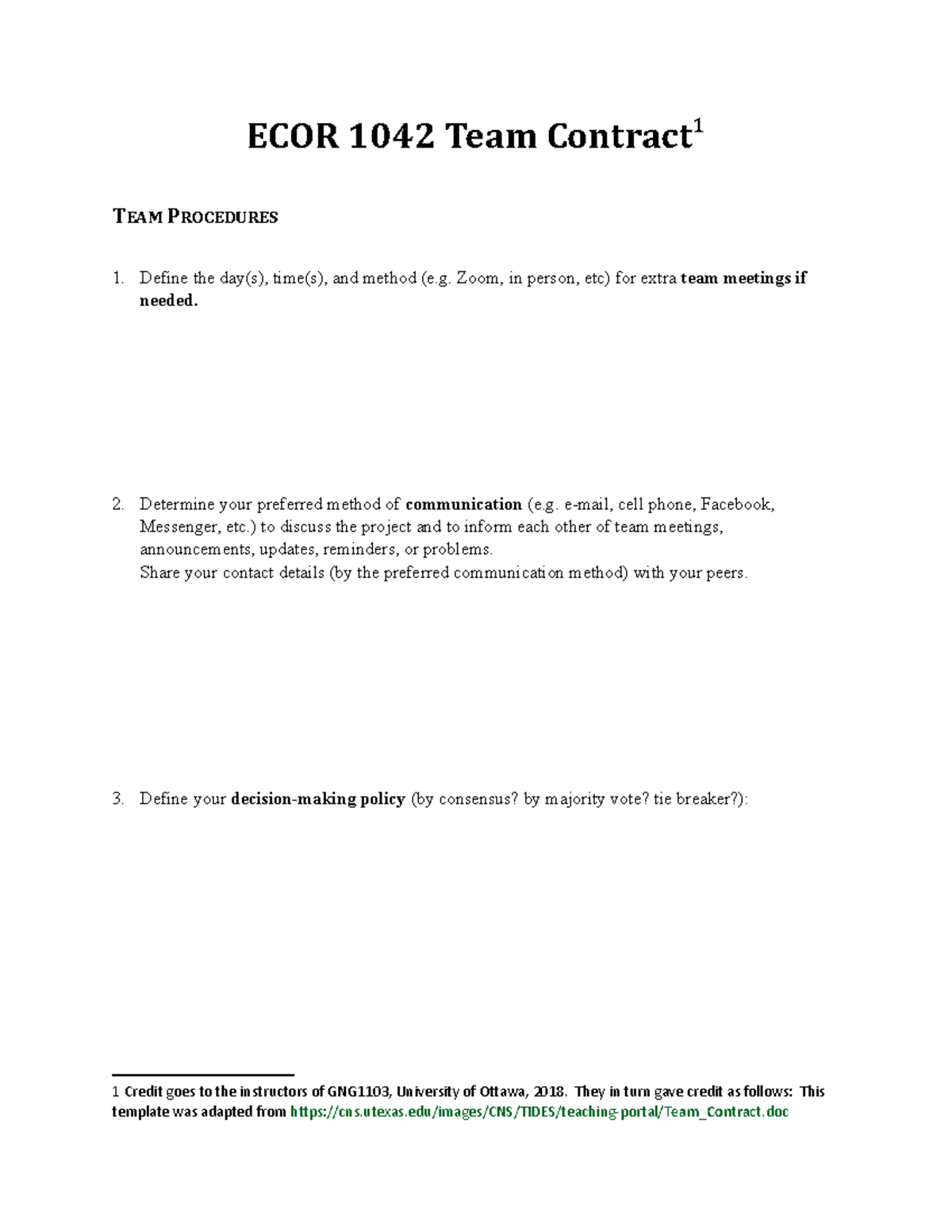 ECOR1042-Team Contract - ECOR 1042 Team Contract 1 TEAM PROCEDURES 1 ...
