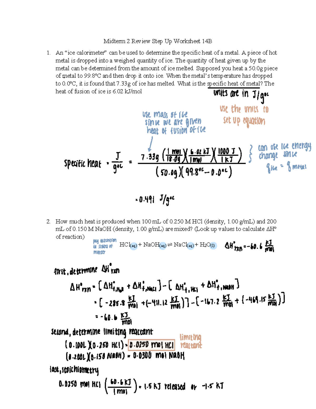 Midterm 2 Review Answers - Midterm 2 Review Step Up Worksheet 14 B 1. An “ice calorimeter” can ...