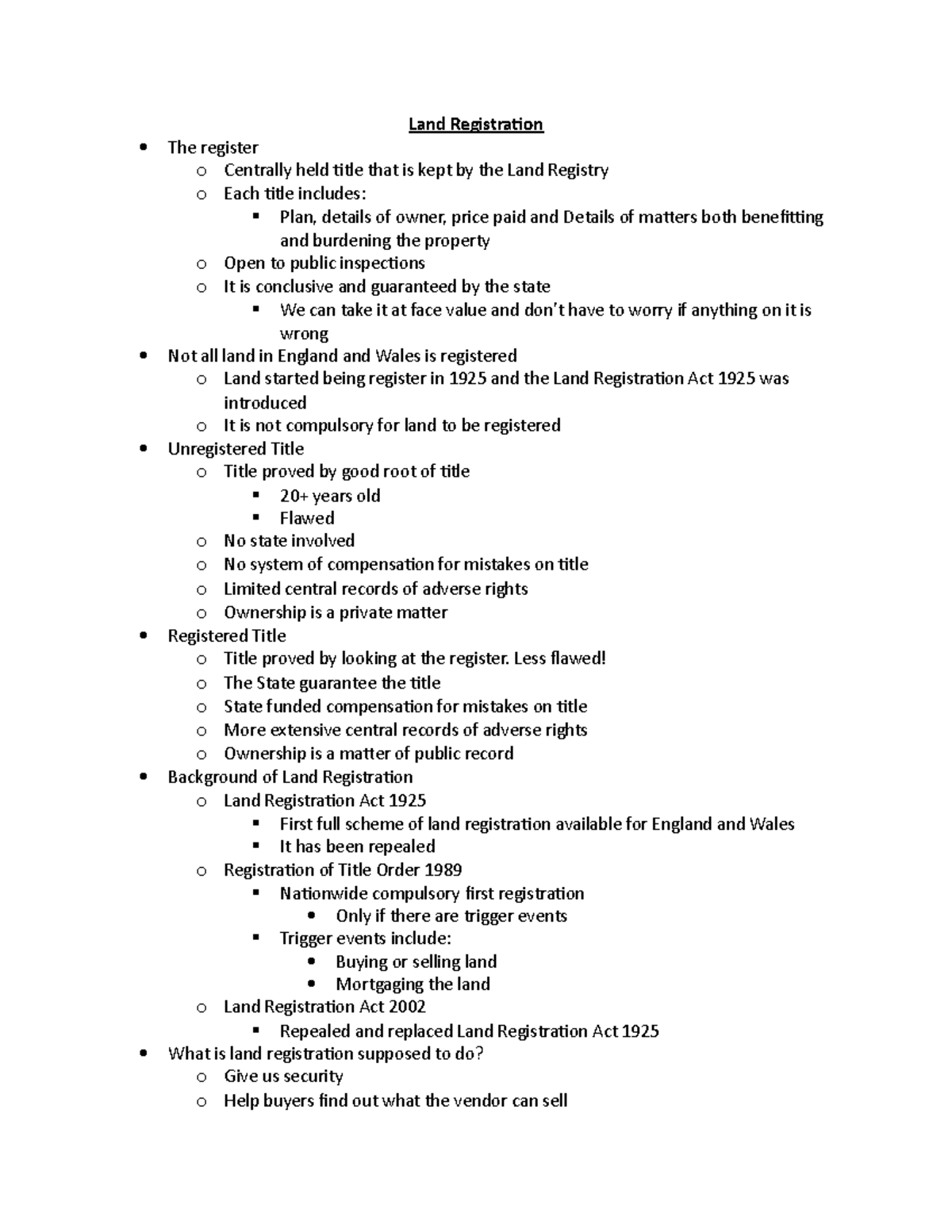 Land Registration - notes and lecturer notes - Land Registration The ...