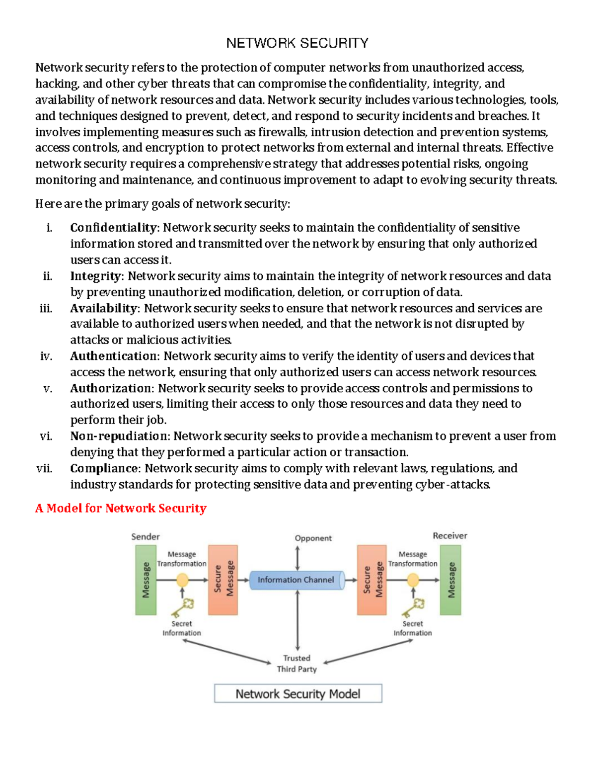 NS notes - NETWORK SECURITY Network security refers to the protection ...