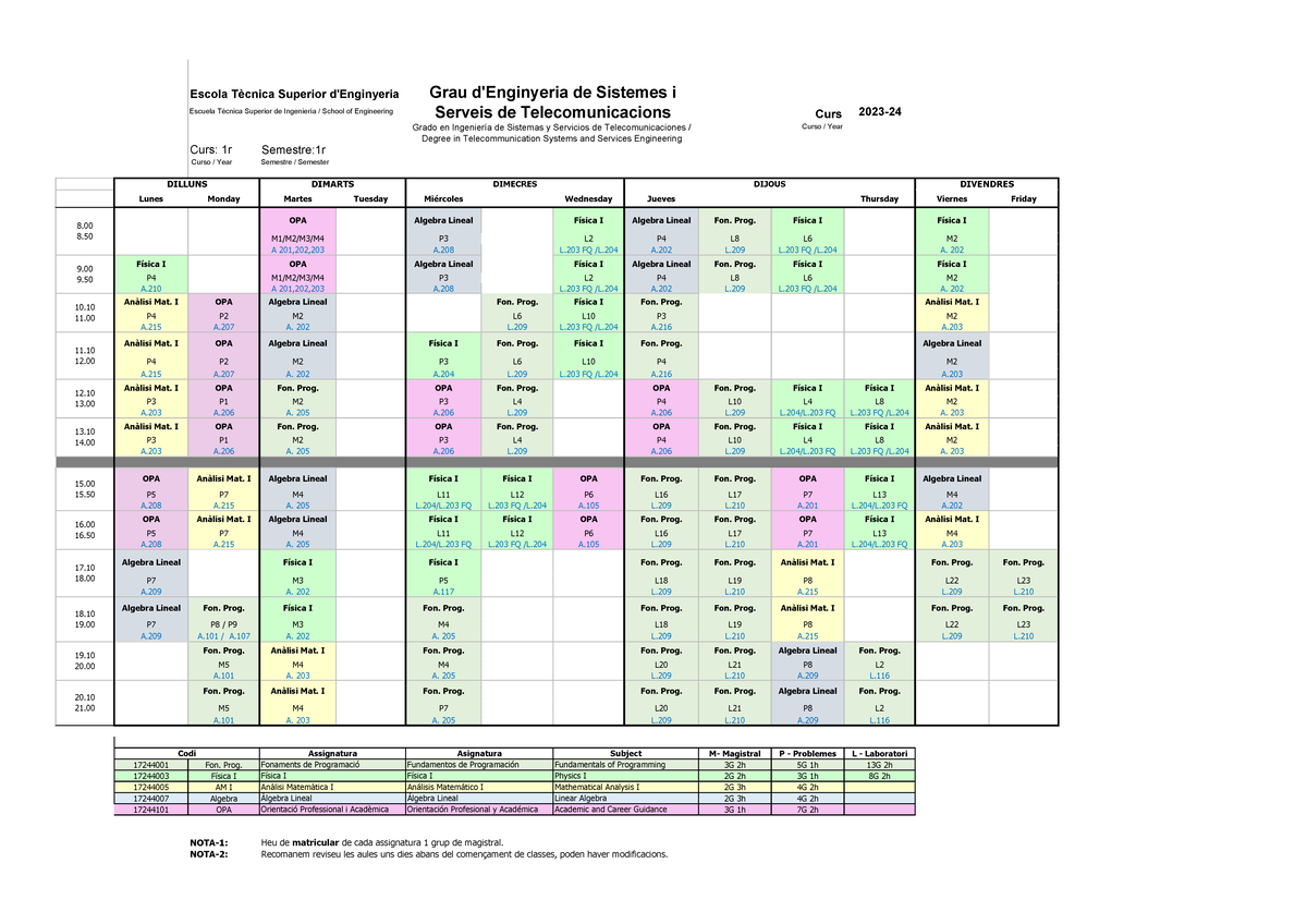 Horaris classe 2023 2024 gesst - Curs 2023- Curso / Year Curs: 1r ...
