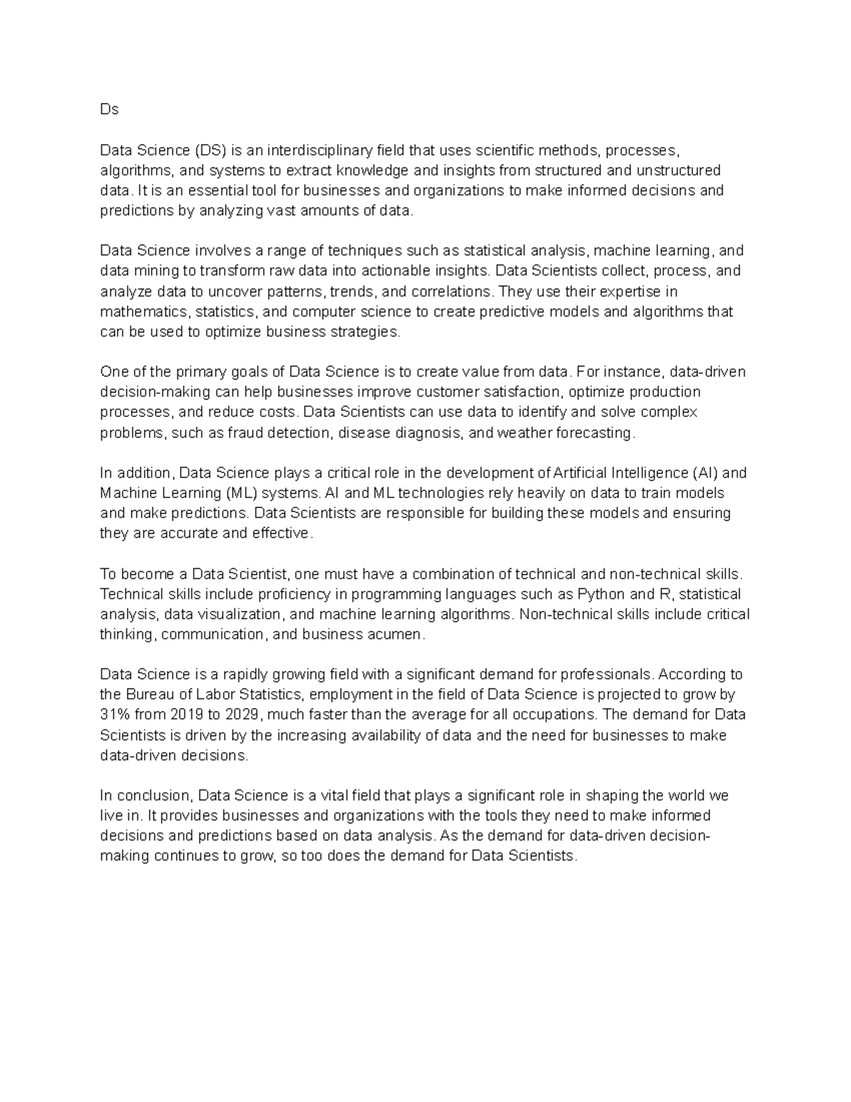 D - Facts - Ds Data Science (DS) is an interdisciplinary field that ...