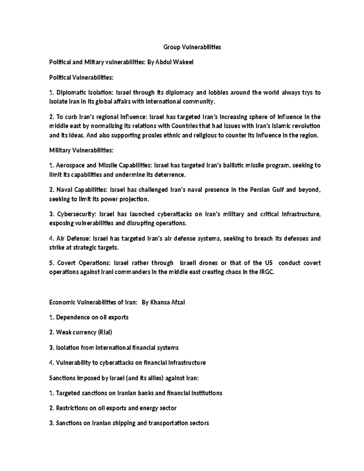 Vulnarabilities of Iran - Group Vulnerabilities Political and Miltary ...