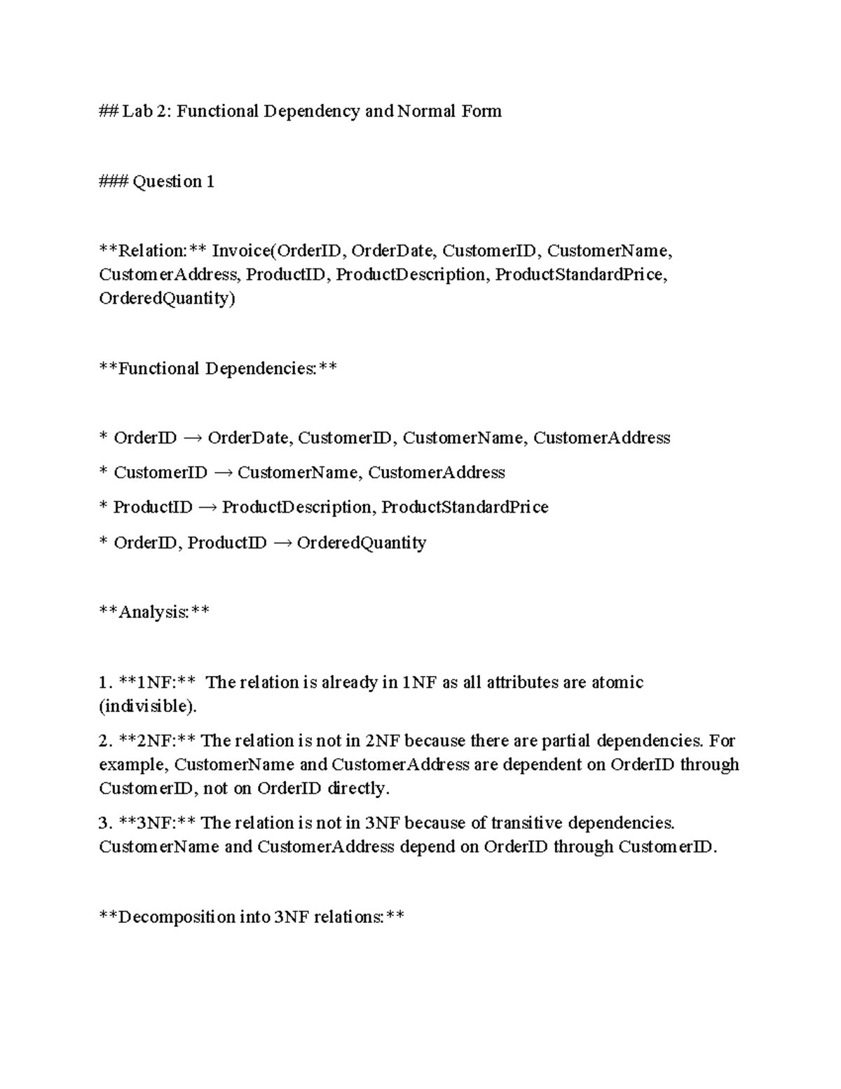 Introduction to Database System (DBI202) - Lab 2: Functional Dependency and Normal Form Question ...
