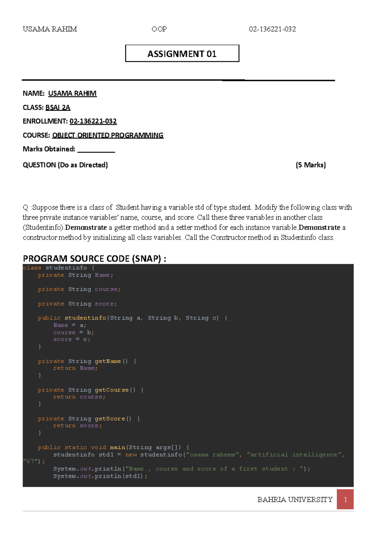 02 136221 032 10264195294 30102022 092622 pm - USAMA RAHIM OOP 02-136221- ASSIGNMENT 01 NAME ...
