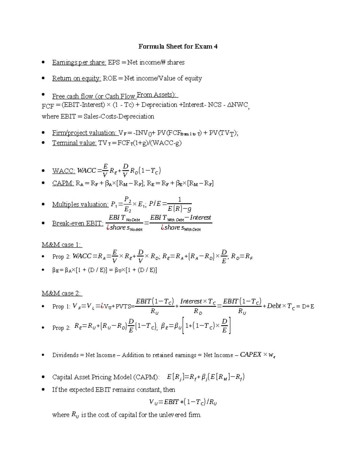 Formula Sheet for Exam 4 - Studocu