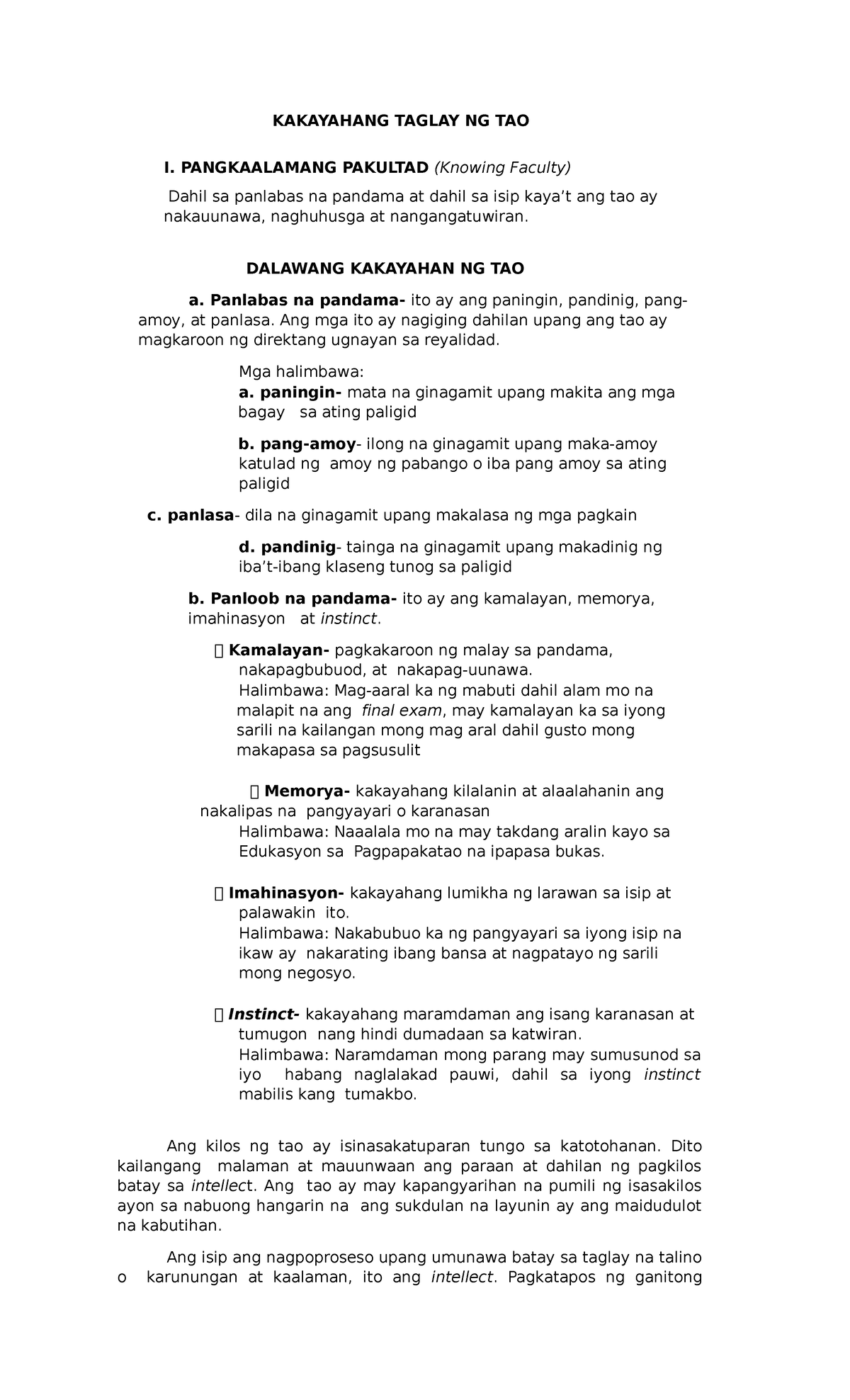 Esp all modules reviewer - KAKAYAHANG TAGLAY NG TAO I. PANGKAALAMANG ...