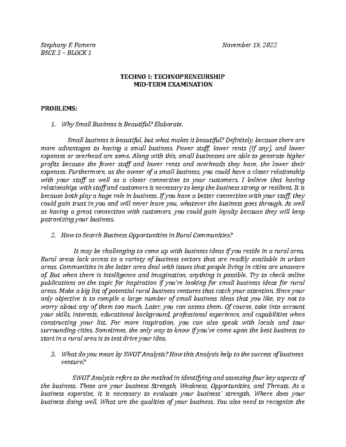 Techno 1 MID-TERM EXAM - Basta - Stephany F. Famero November 19, 2022 ...