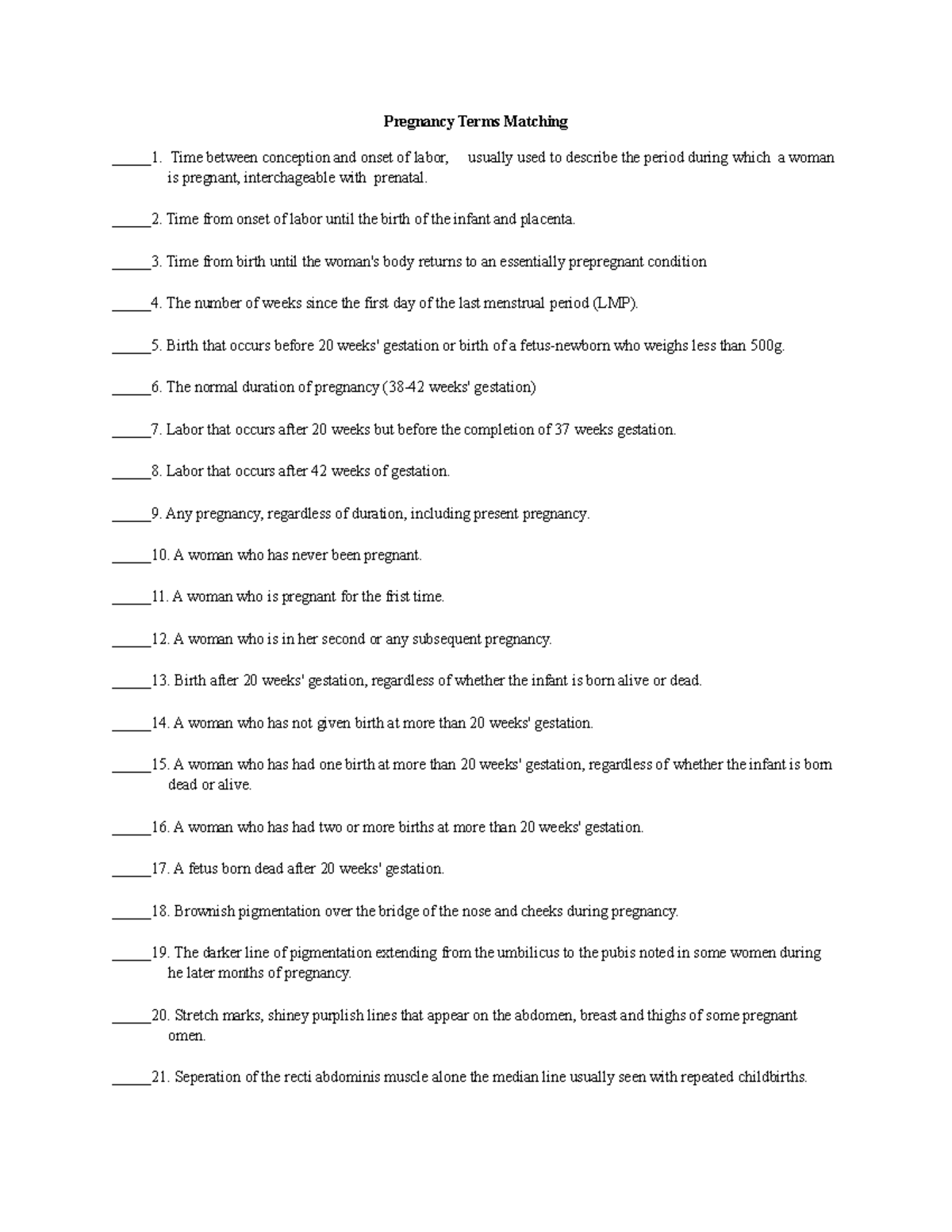 Pregnancy terms matching - Pregnancy Terms Matching _____1. Time ...