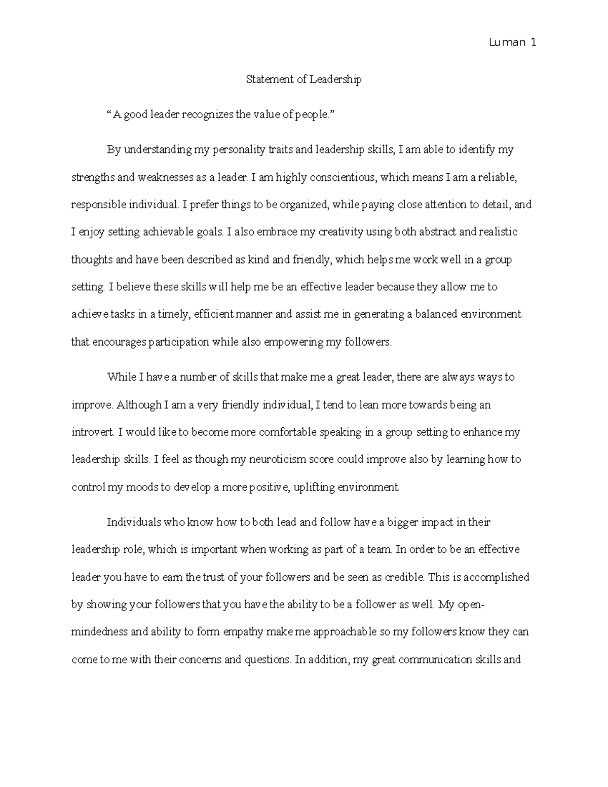 Module Eight Statement of Leadership - Luman 1 Statement of Leadership ...