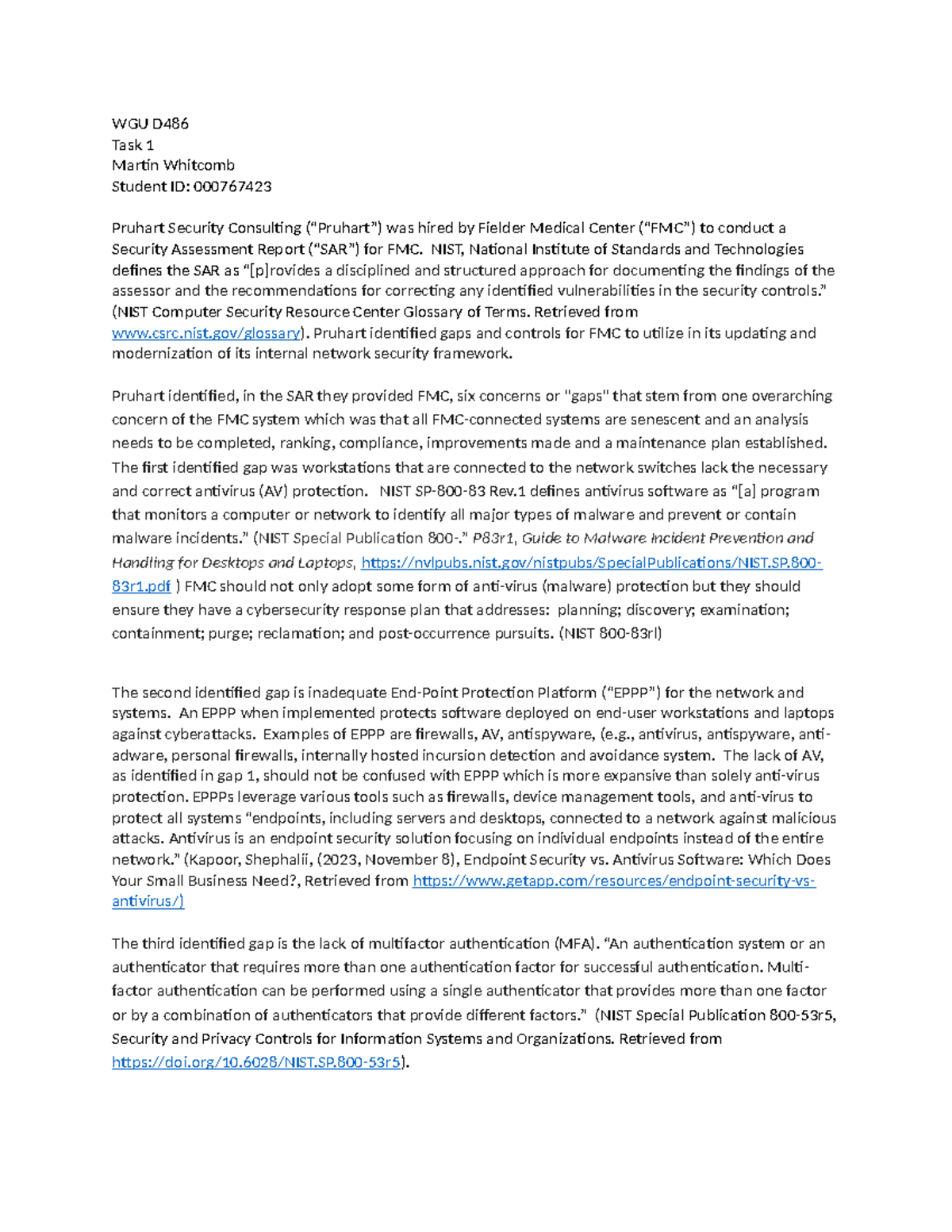 WGU 486 Task 1 Final - WGU D Task 1 Martin Whitcomb Student ID ...