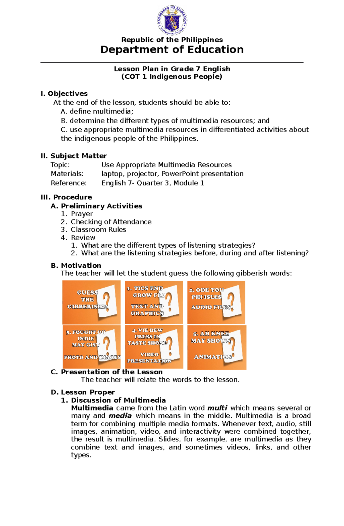 Lp 2 - LESSON PLAN - Department of Education Lesson Plan in Grade 7 ...