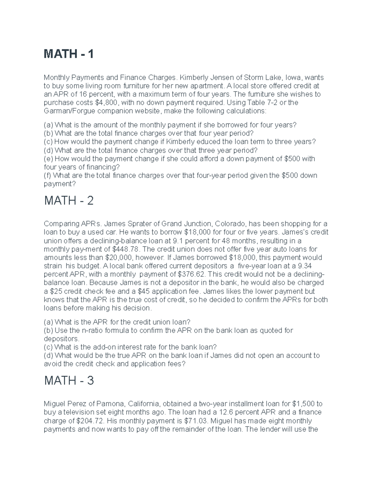 Financial Literacy - Problem Assignment #2 - MATH - 1 Monthly Payments ...