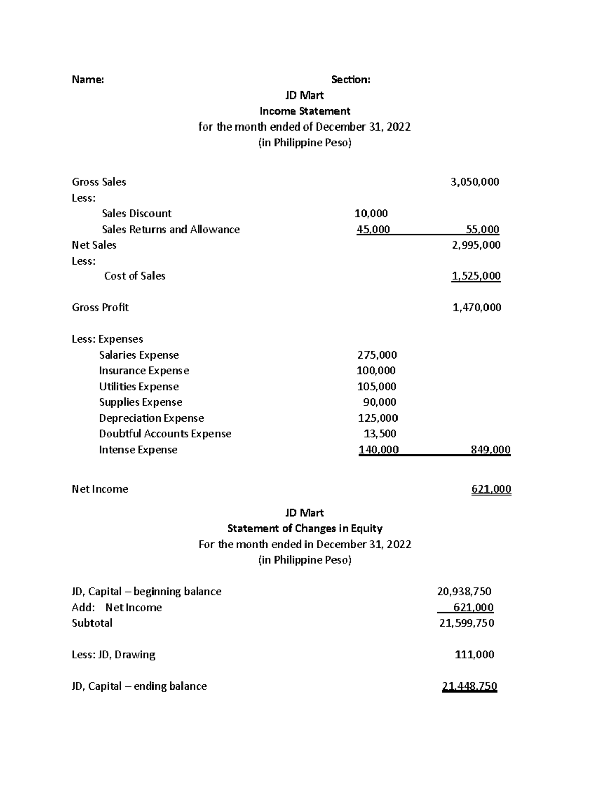 FABM Activity - Practice notes for fabm1 - Name: Section: JD Mart ...