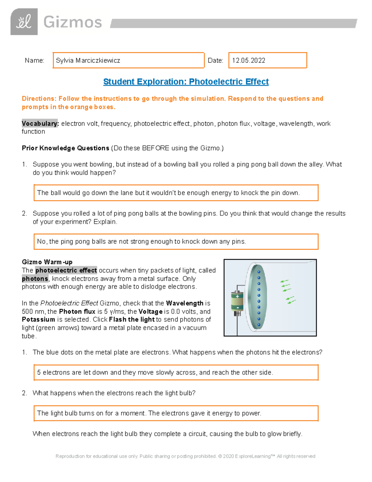 Copy of Photoelectric Effect SE - Name: Sylvia Marciczkiewicz Date: 12 ...