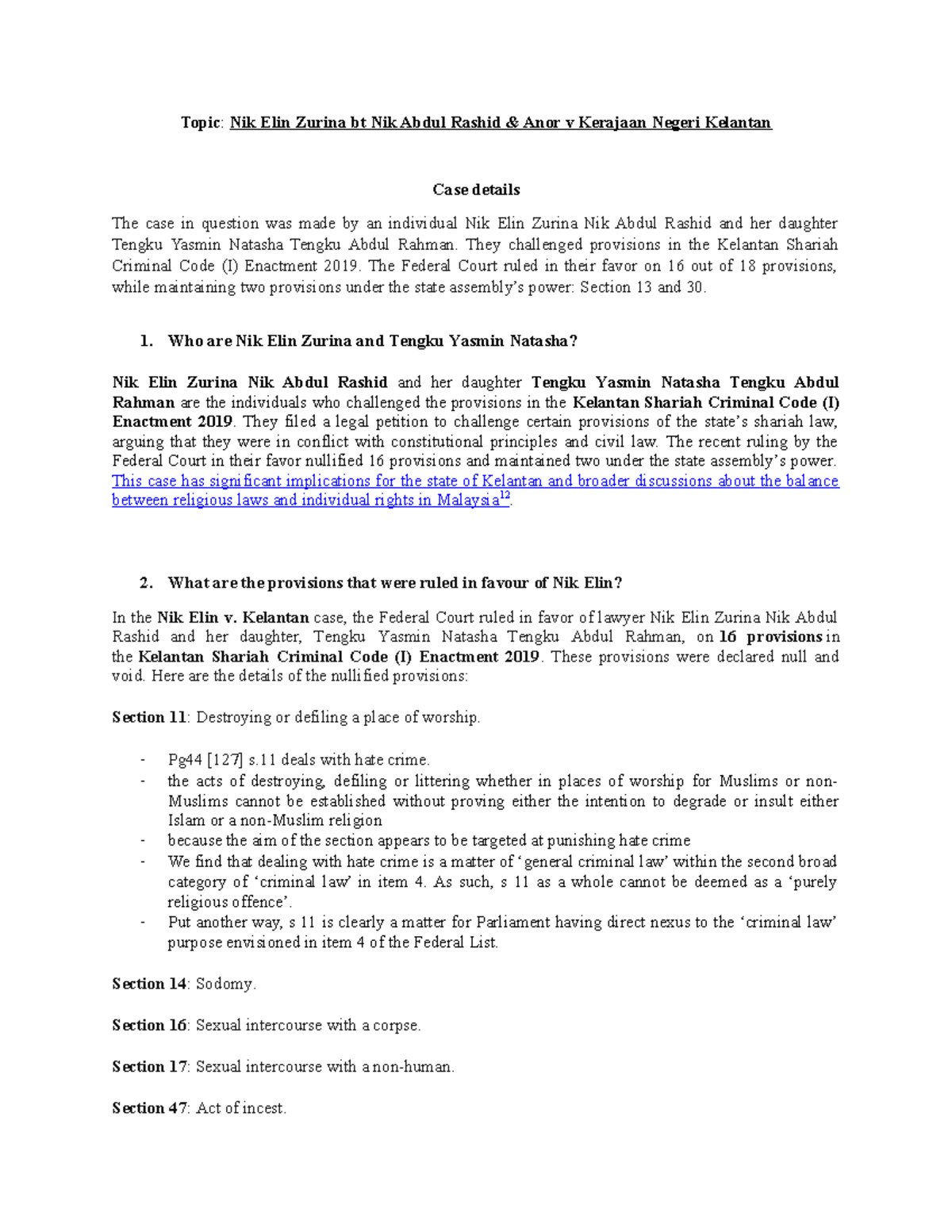 Research on case - Topic: Nik Elin Zurina bt Nik Abdul Rashid & Anor v ...