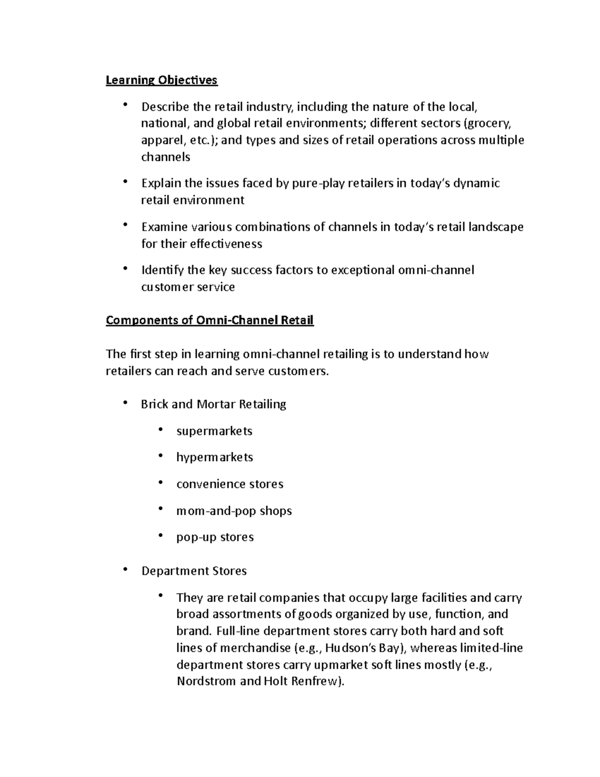 RMG 910 - Lecture 1 - Learning Objectives Describe the retail industry ...