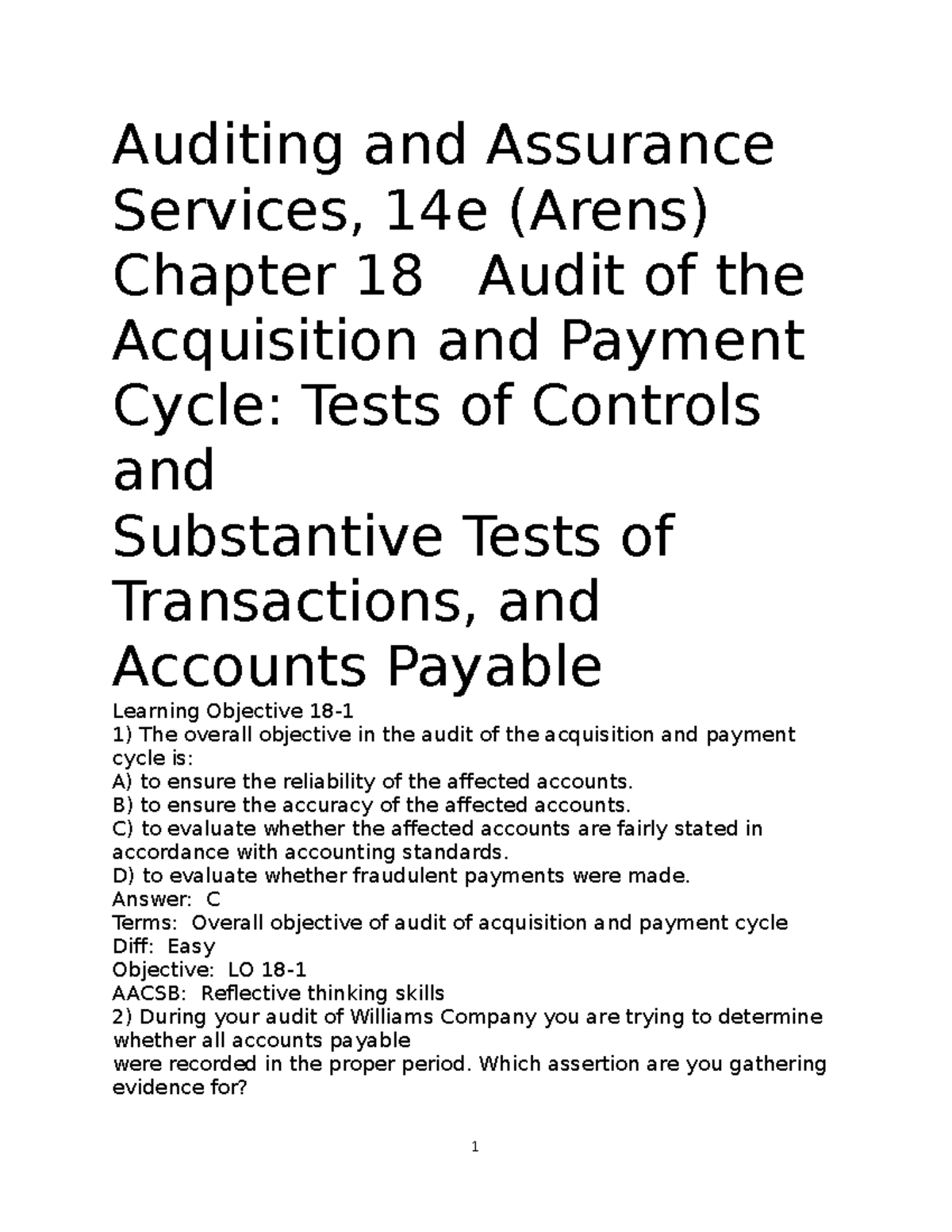 Auditing and Assurance Services 22 - Auditing and Assurance Services, 14e (Arens) Chapter 18 ...