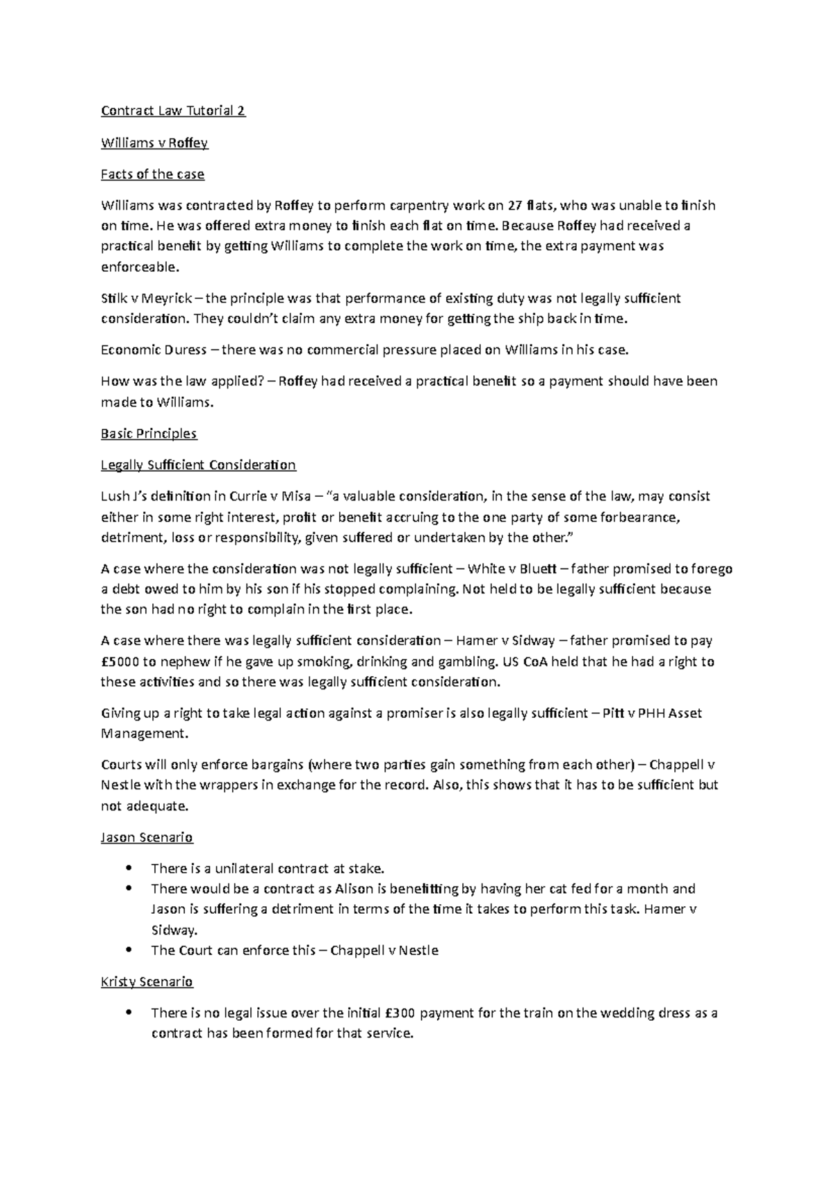 Contract Tutorial 2 - Contract Law Tutorial 2 Williams v Roffey Facts ...