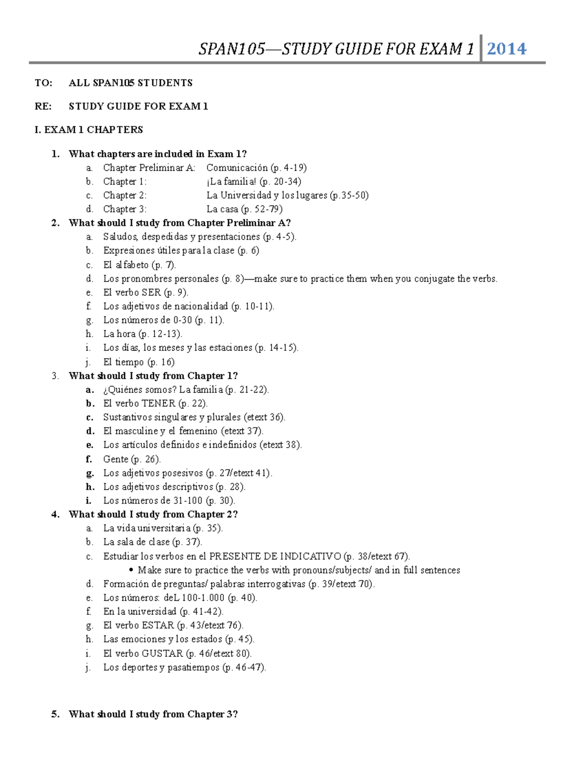 SPAN105 EXAM 1 Study+ Guide - SPAN105—STUDY GUIDE FOR EXAM 1 2014 TO ...