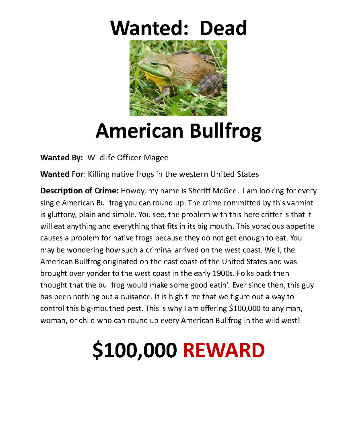Wanted Poster Example - Eddksld,dc - Wanted: Dead American Bullfrog ...