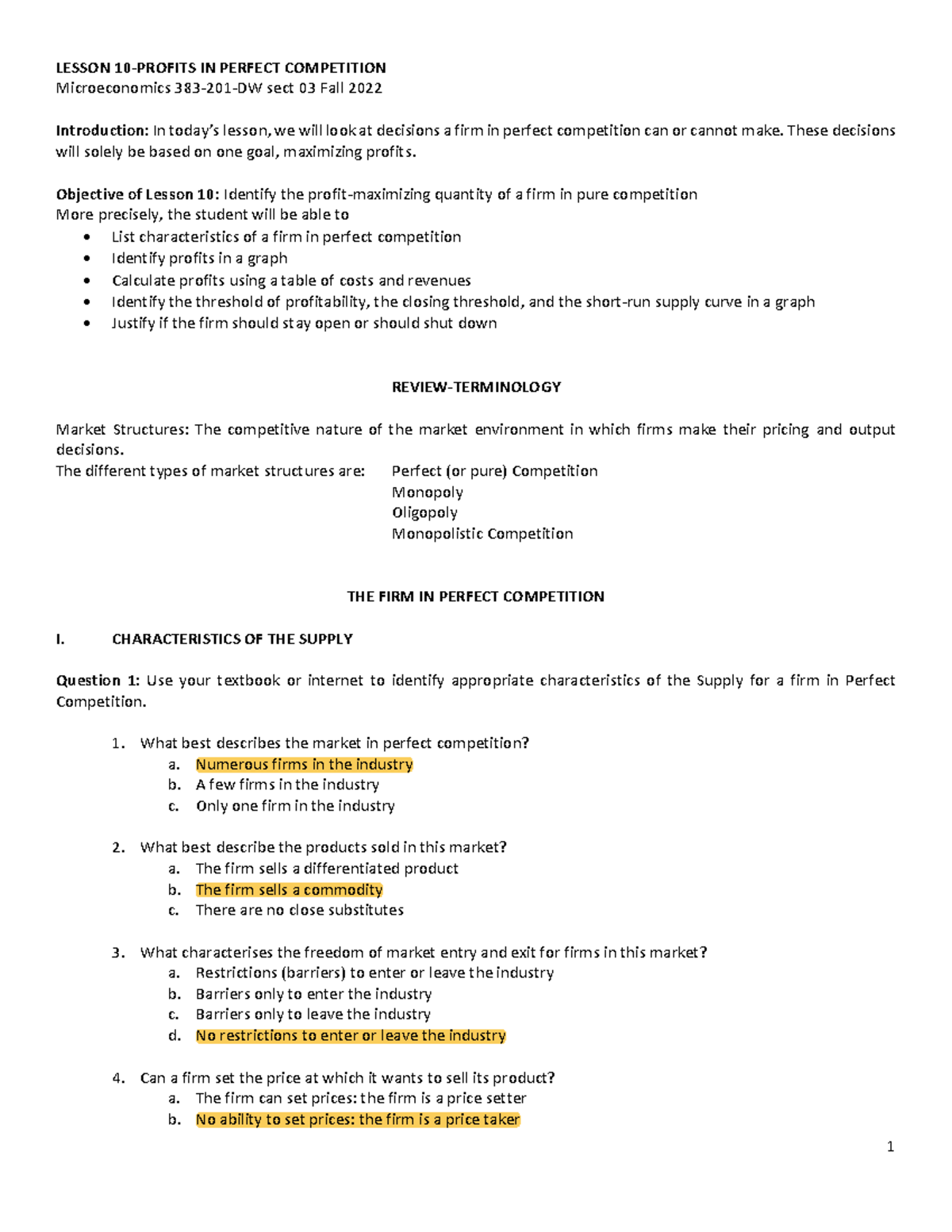 Lesson 10-Profits in Perfect Competition Micro F22 - LESSON 10-PROFITS ...