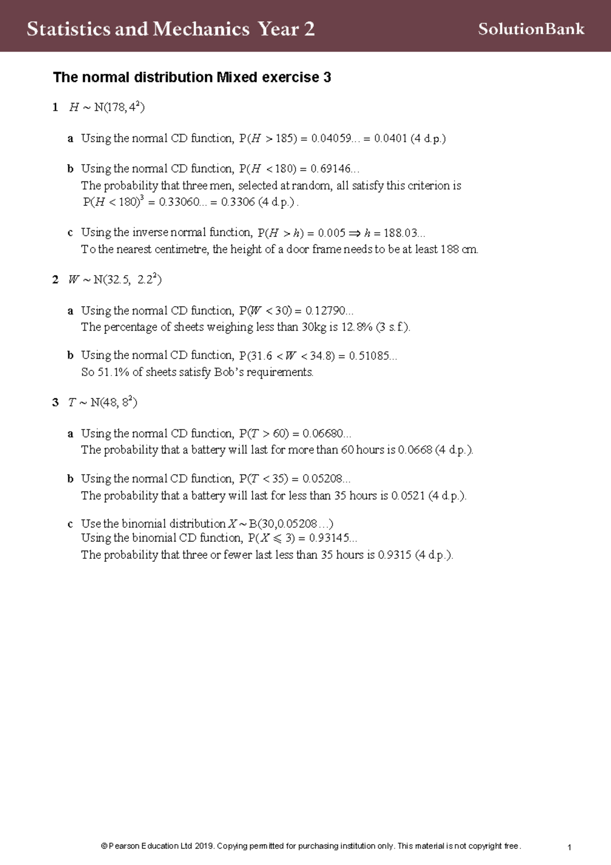 Alevelsb sm2 ex3mix - ccscscsc - The normal distribution Mixed exercise 3 1 2 H~ N(178, 4 ) a ...
