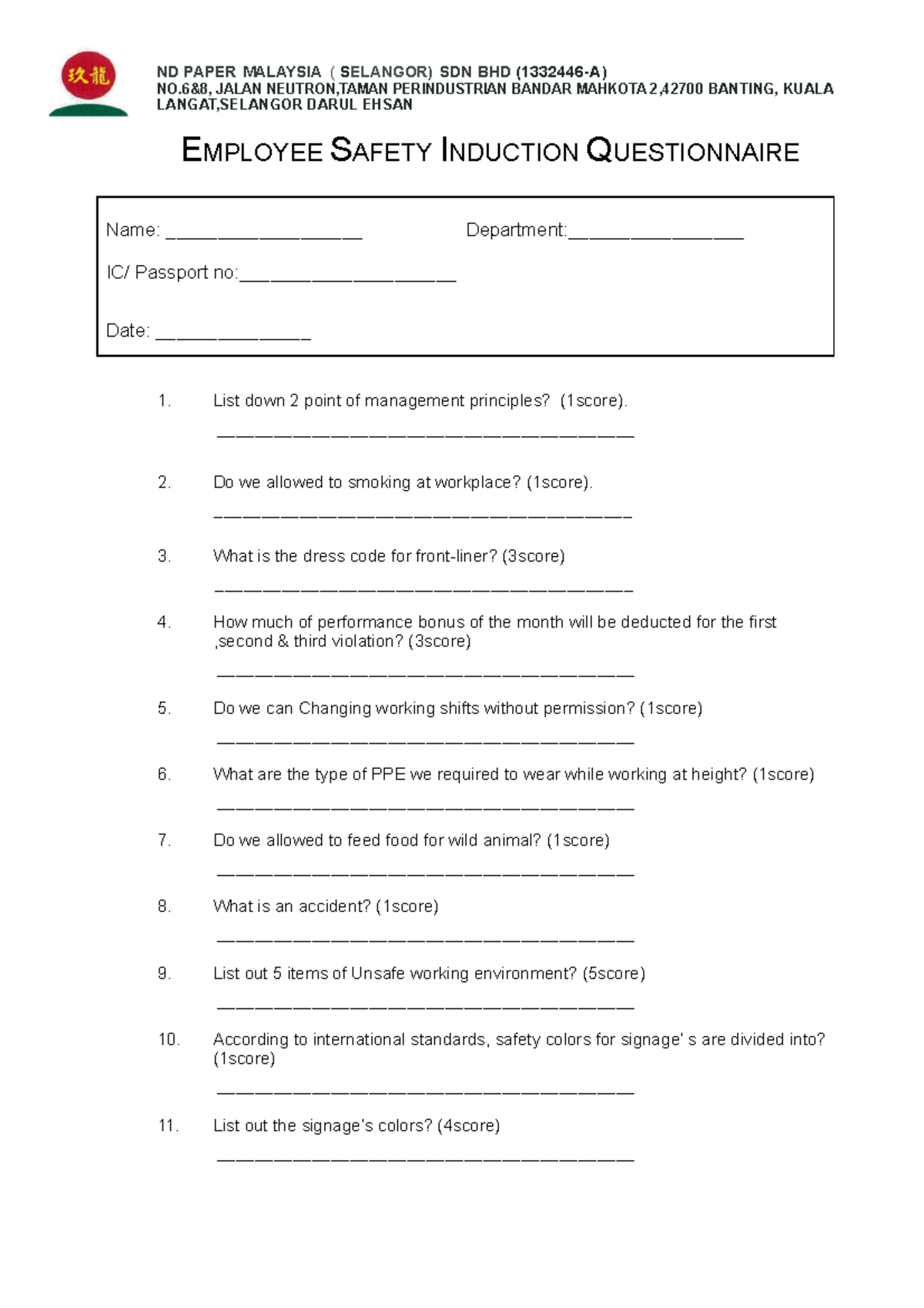 Questionaire for induction ND Paper - ND PAPER MALAYSIA ( SELANGOR) SDN ...