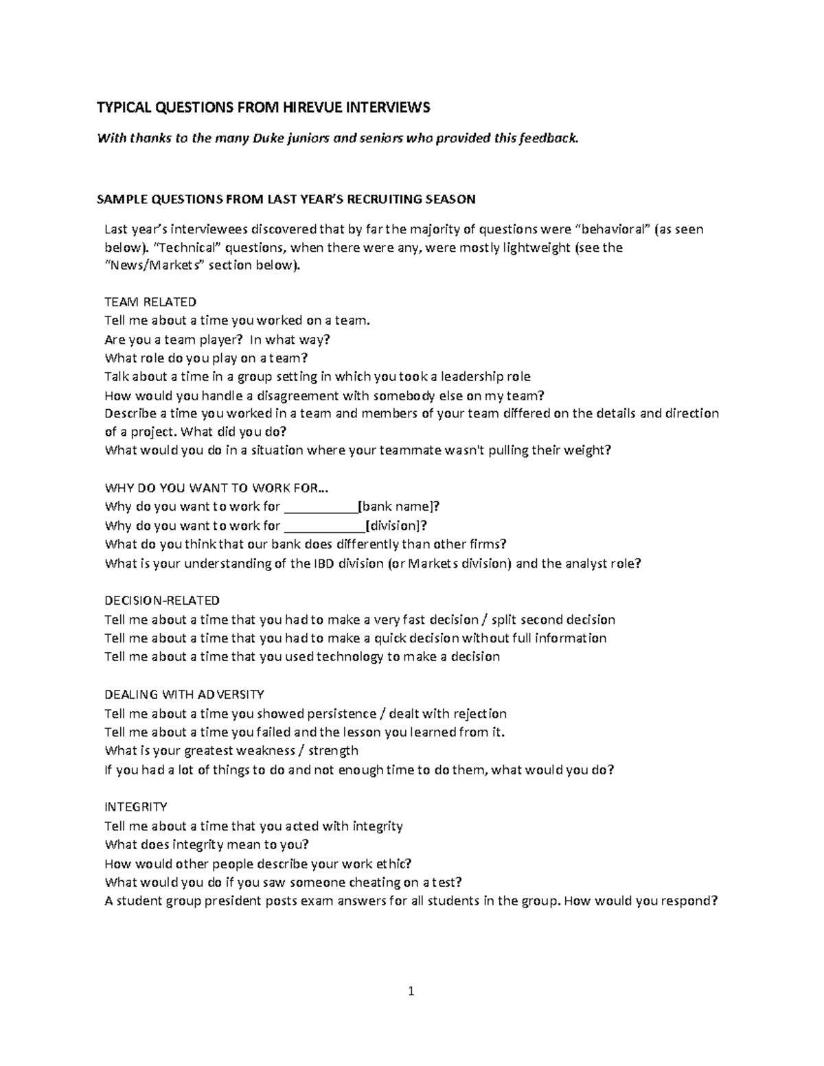 Typical Questions from Hire Vue Interviews - 1 TYPICAL QUESTIONS FROM ...