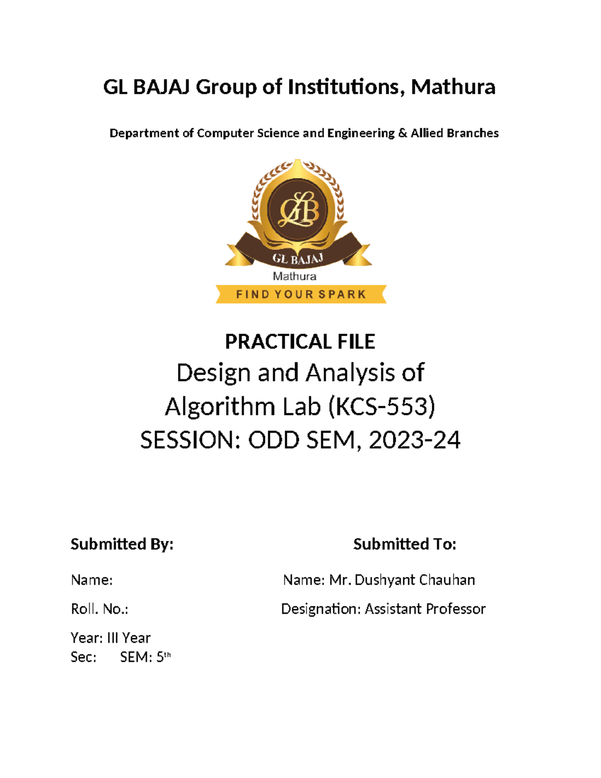 KCS553 DAA LAB - B.Tech. 3rd Year AIDS 2023-24 - GL BAJAJ Group of ...