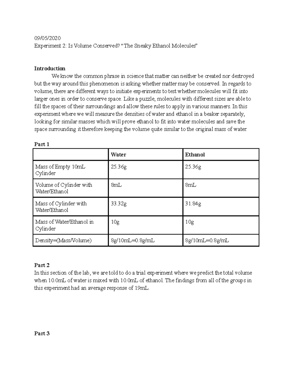 Lab Report 2 - Lab 2 Is Volume Conserved? - 09/05/ Experiment 2: Is ...
