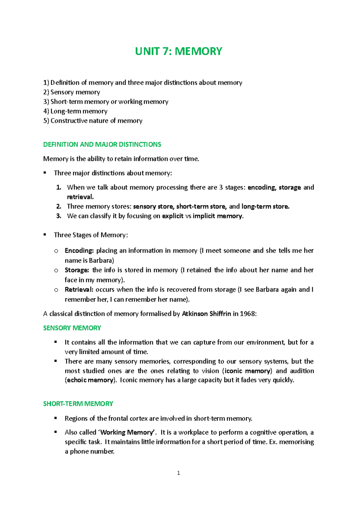 7. Memory Final - 1st year - Experimental Psychology - UNIT 7: MEMORY Definition of memory and ...