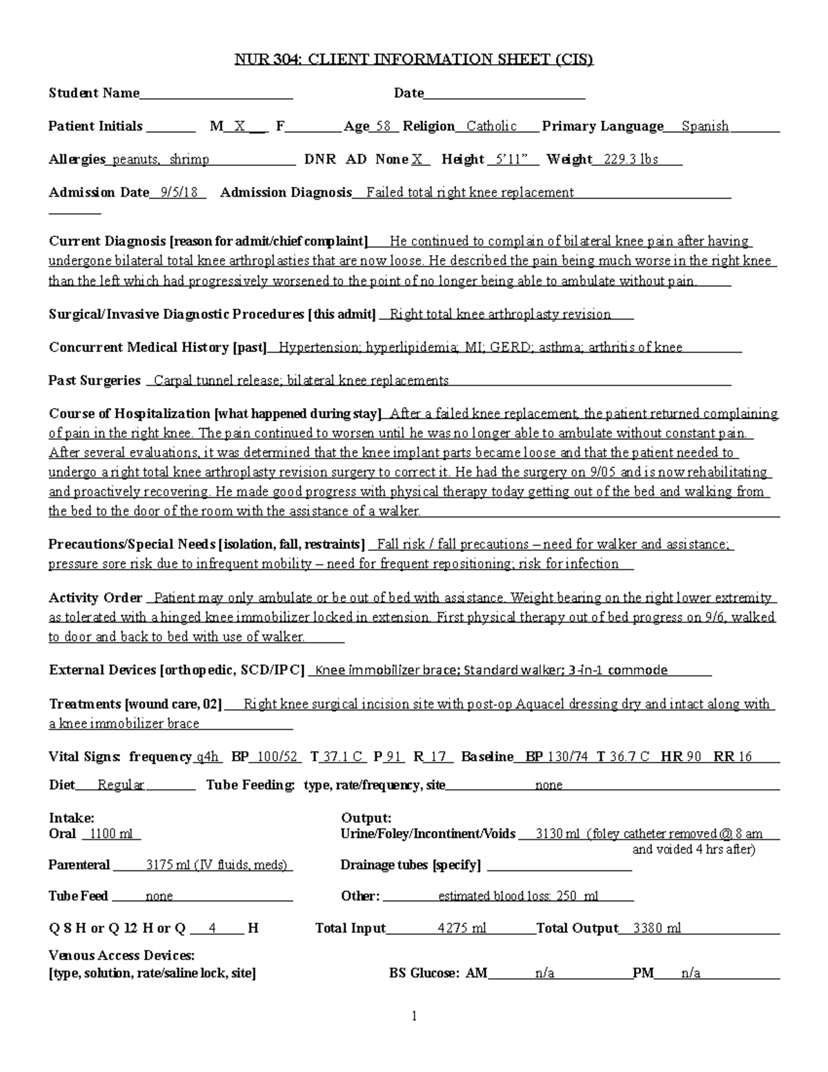 CIS Assign 2 - Johnson Calhoun - NUR 304: CLIENT INFORMATION SHEET (CIS ...
