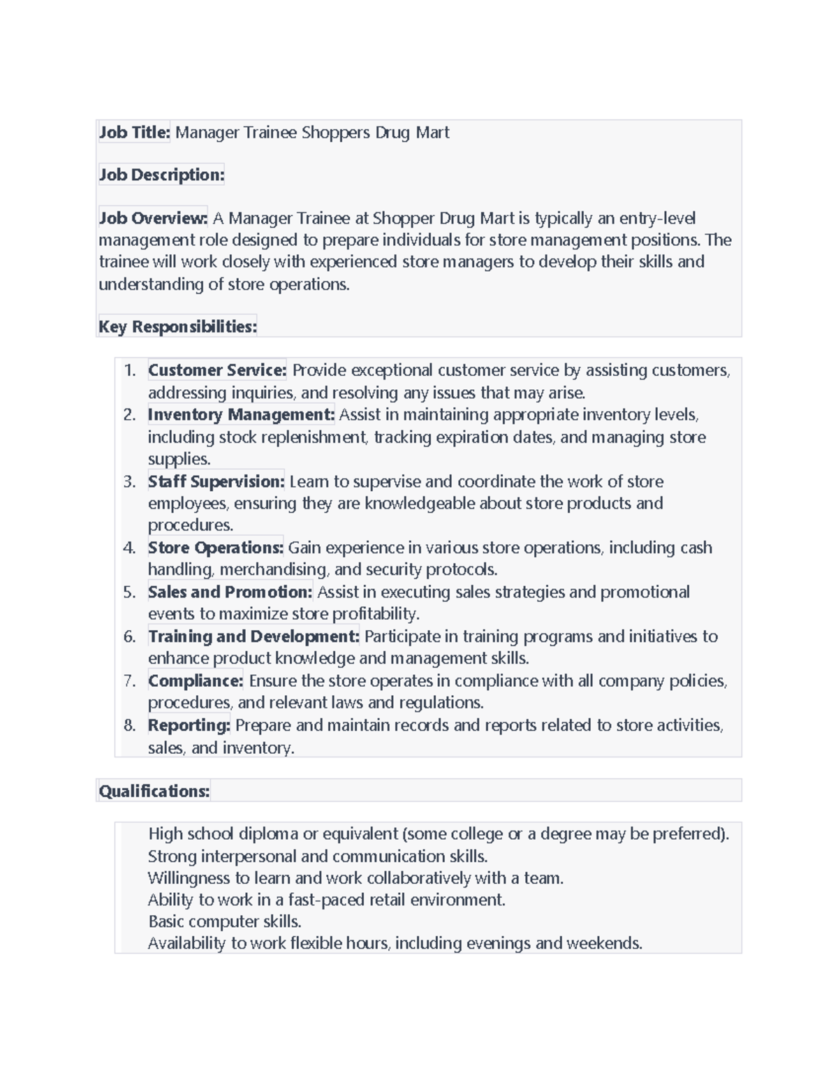 Job Description - Manager Trainee Shoppers Drug Mart - Job Title ...