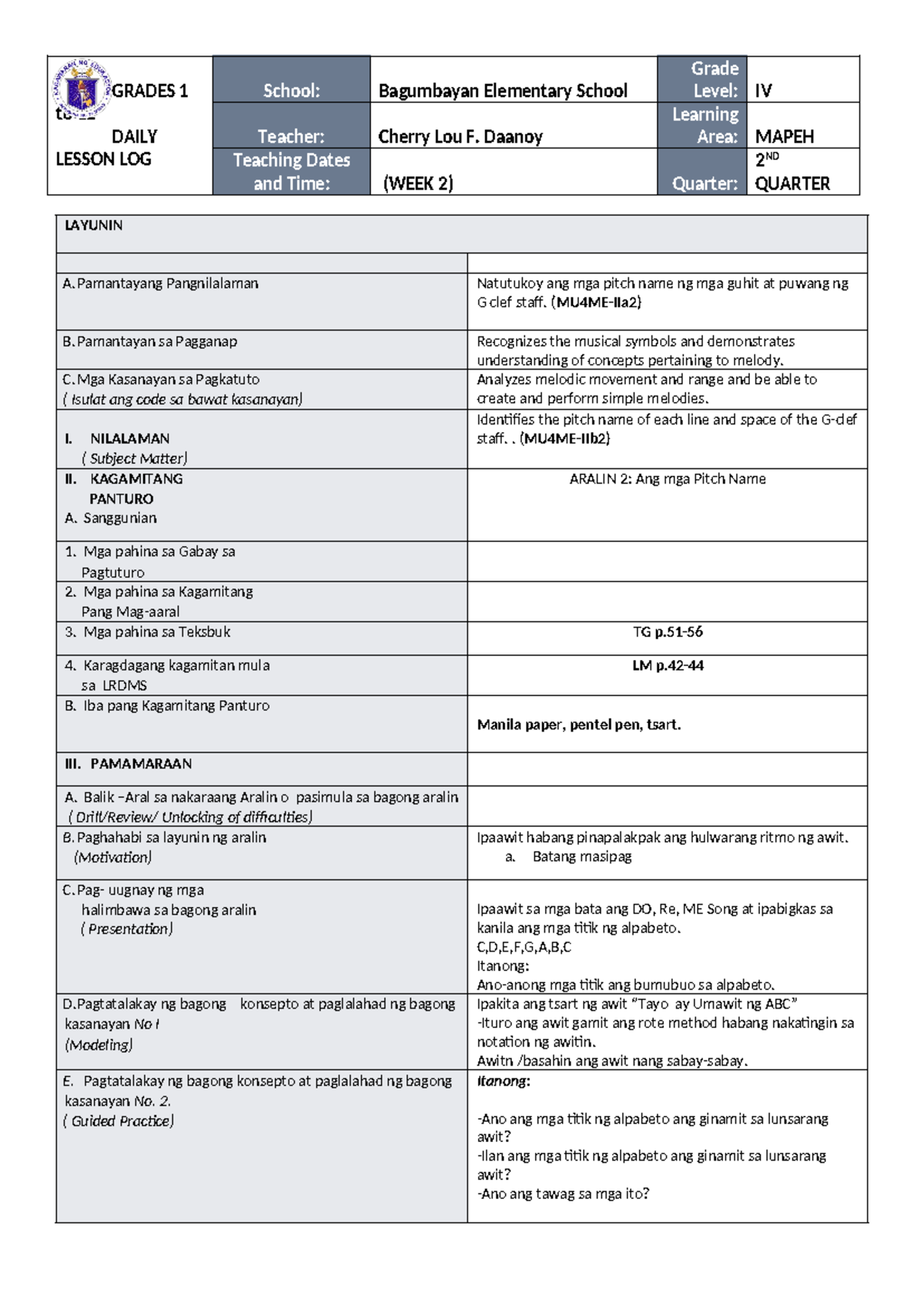 COT- Music 4- Semi LP - GRADES 1 to 12 DAILY LESSON LOG School ...