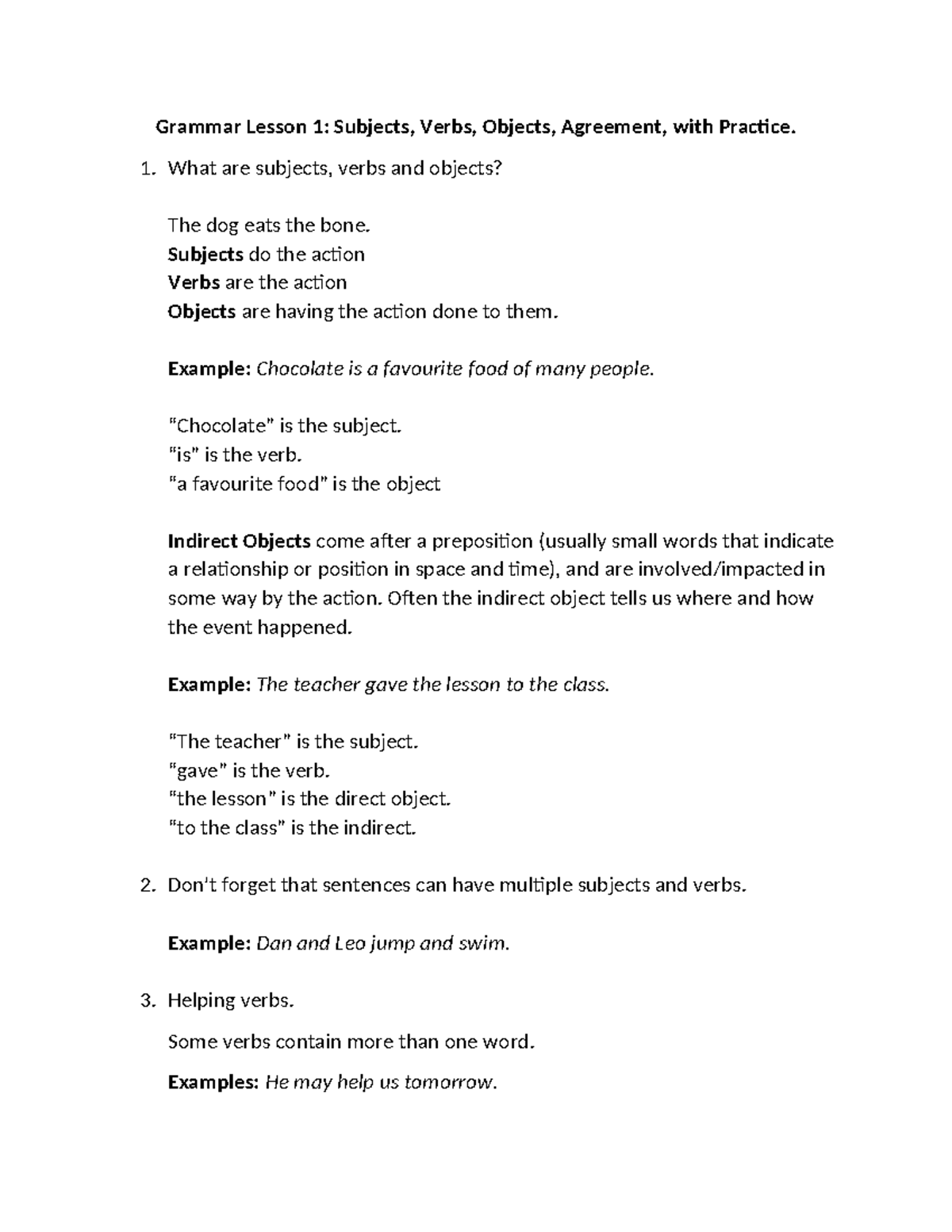 Grammar Lesson 1 - Lecture - Grammar Lesson 1: Subjects, Verbs, Objects ...