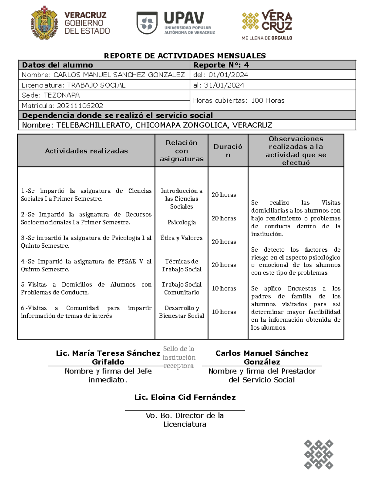 Formato SS-04 Reporte Mensual - REPORTE DE ACTIVIDADES MENSUALES Datos ...