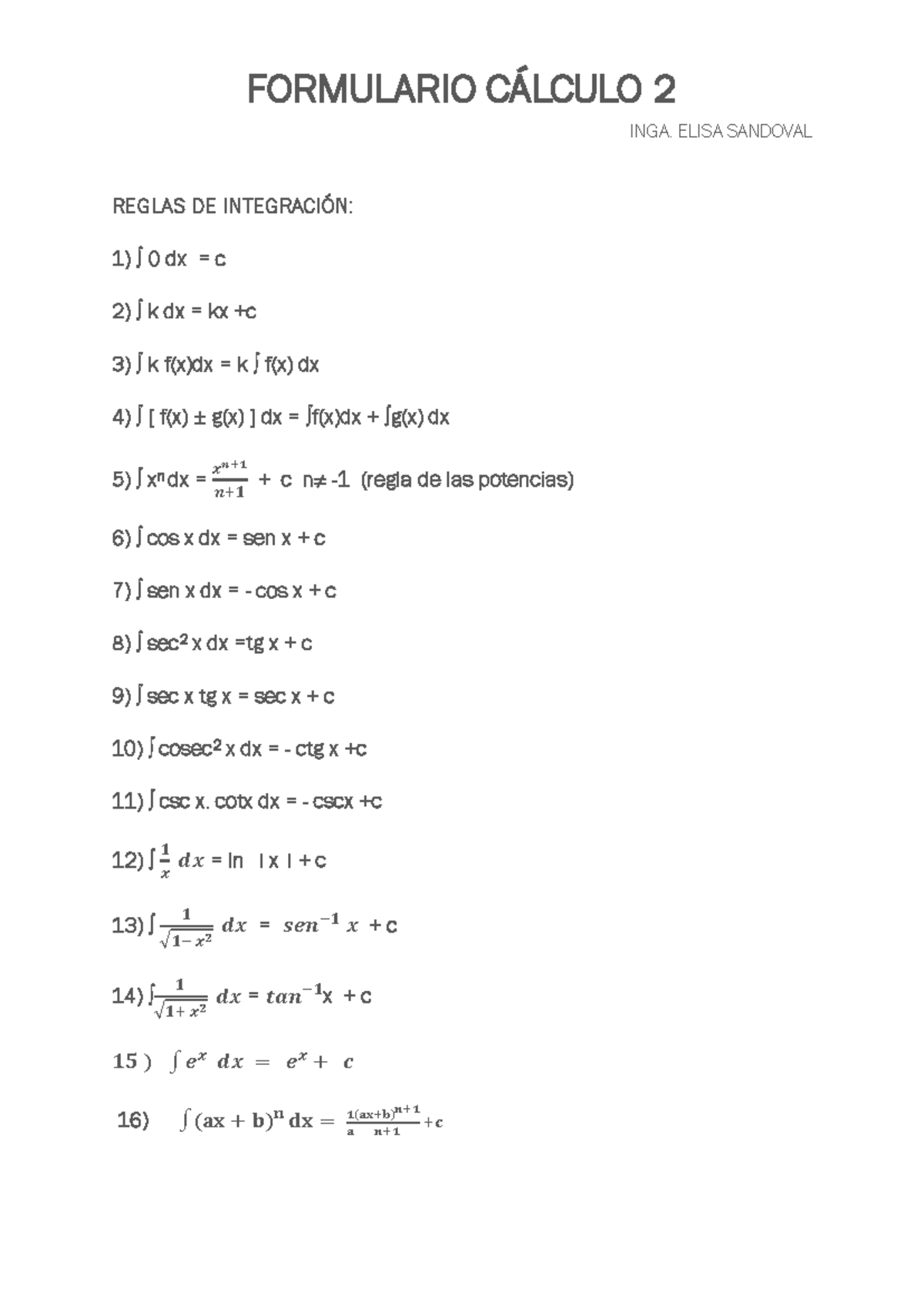 Formulario Calculo 2 pdf - FORMULARIO CÁLCULO 2 INGA. ELISA SANDOVAL REGLAS DE INTEGRACIÓN: 1) ∫ ...