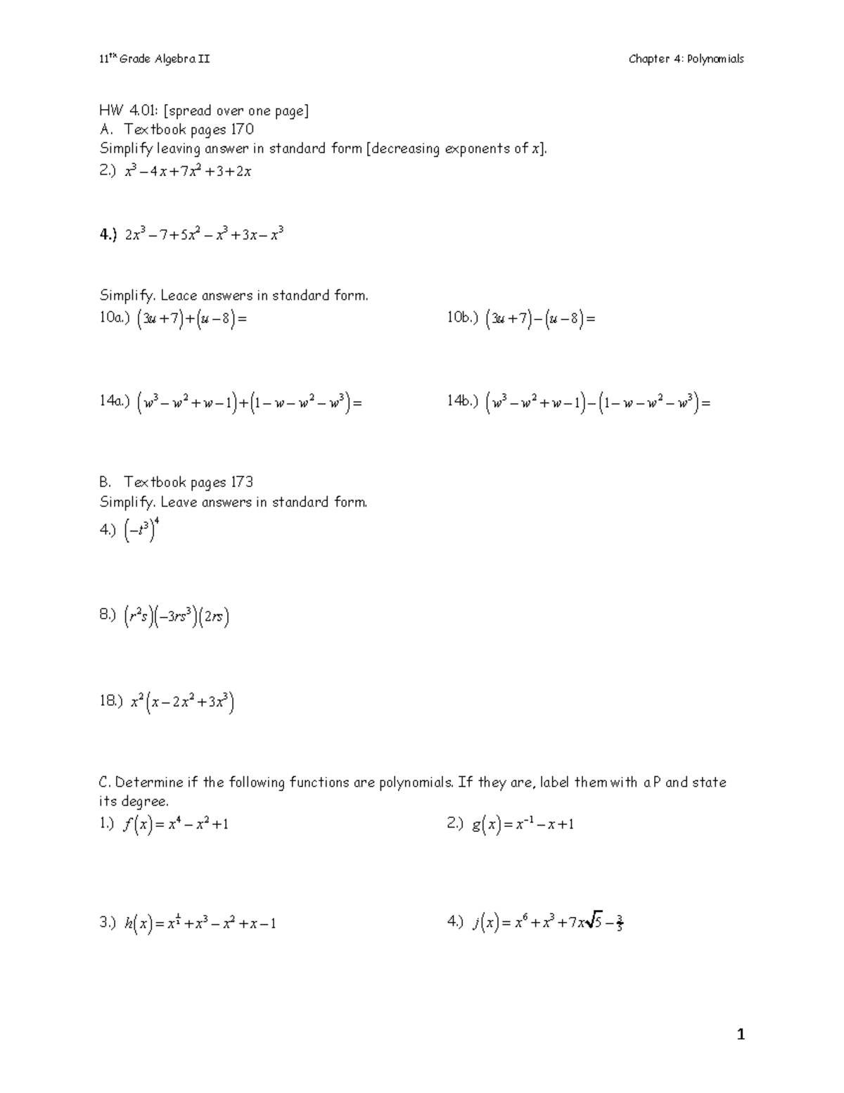 Alg2 11th HW 4 01 Introduction to Polynomials - 11 th Grade Algebra II ...